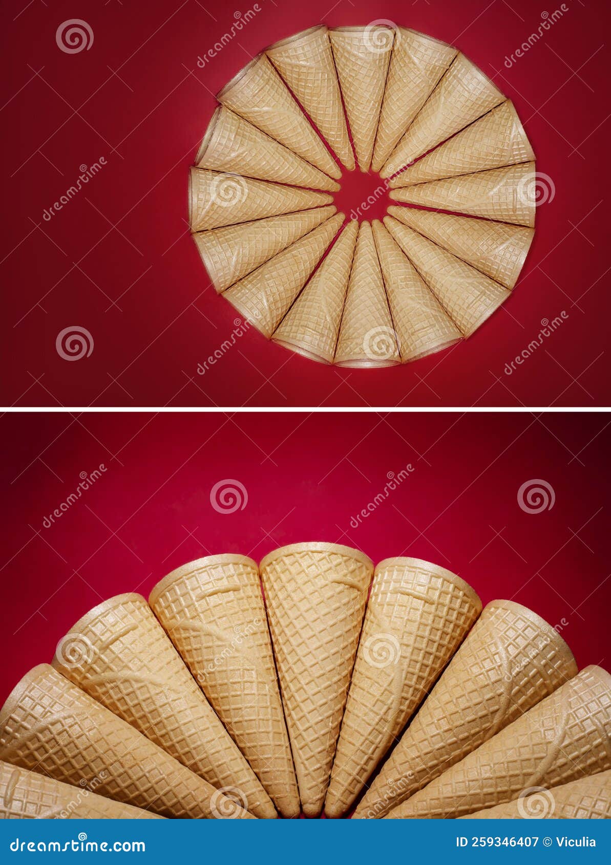Set of a Group of Empty Waffles Cones on Red Background Stock Image ...