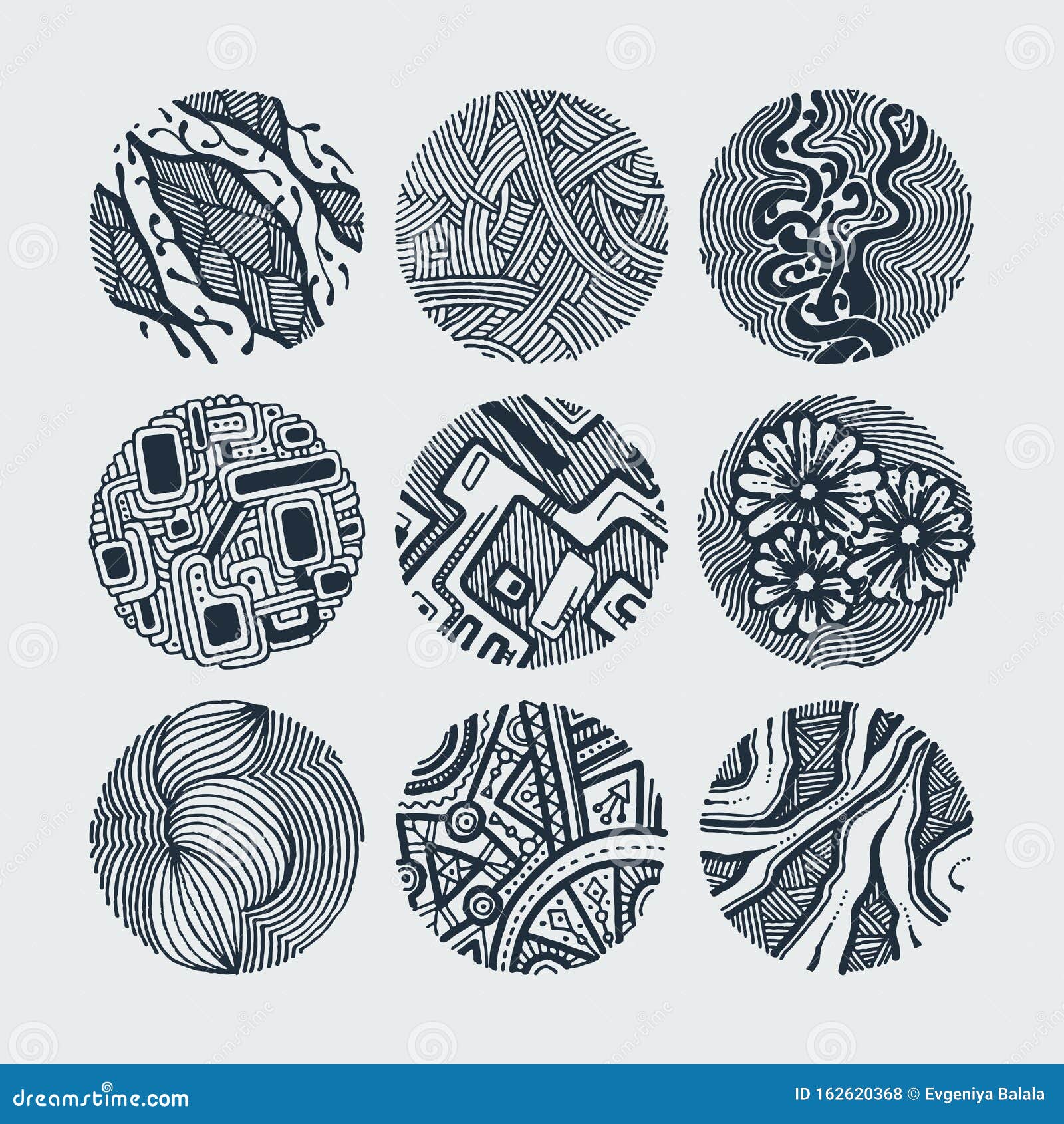 Set Of Grunge Halftone Drawing Textures Random Doodle Circles Stock