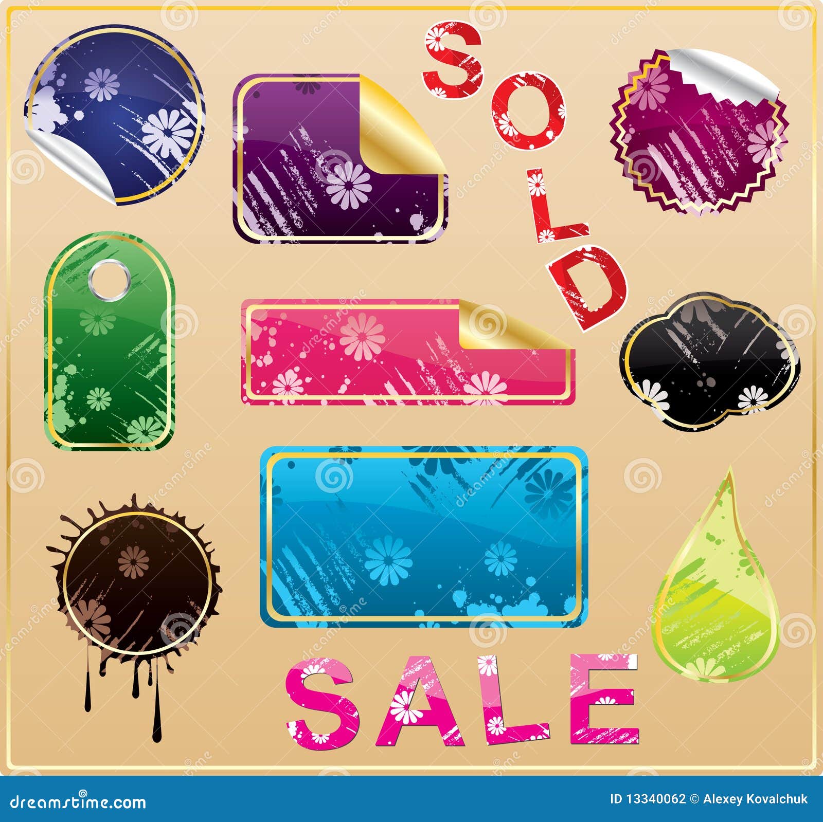 Grunge Stickers In The Form Of Clouds. Set Of Five Blue Icons Painted ...