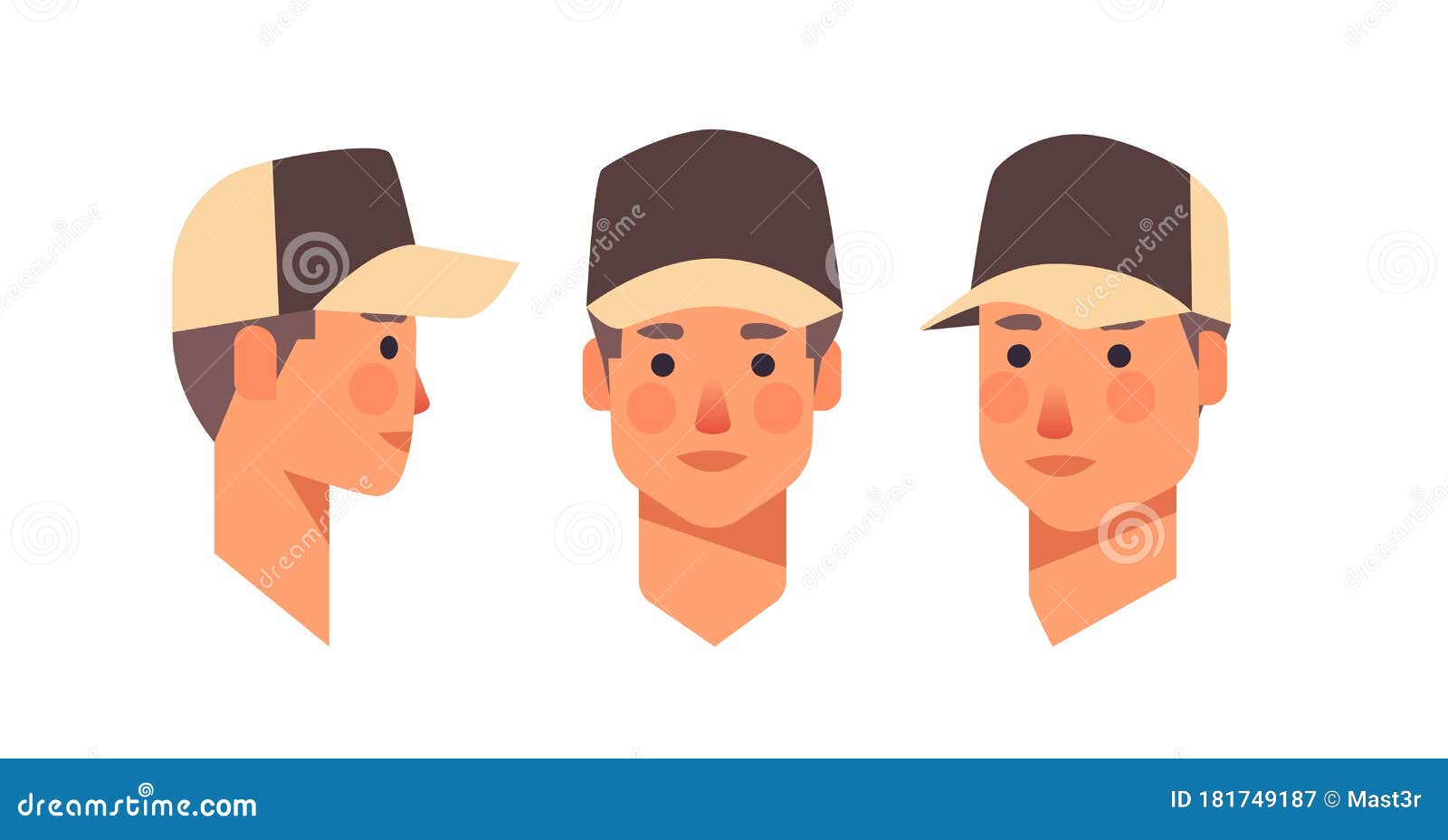 Set Guy in Cap Head Avatar Front Side View Male Character Different ...