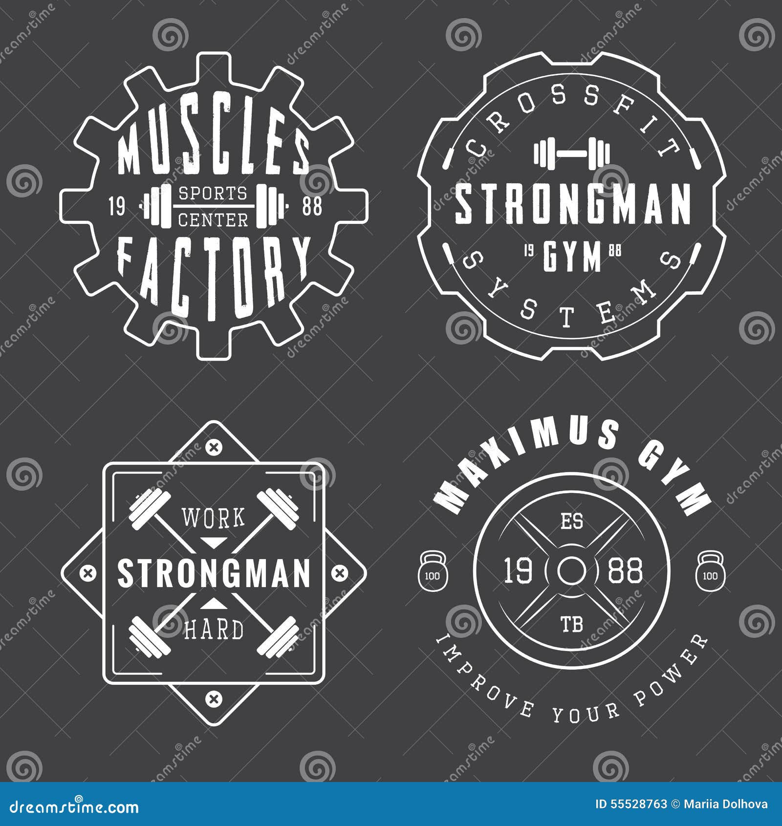 Set Of Gym Logos, Labels And Slogans In Vintage Style Cartoon Vector ...