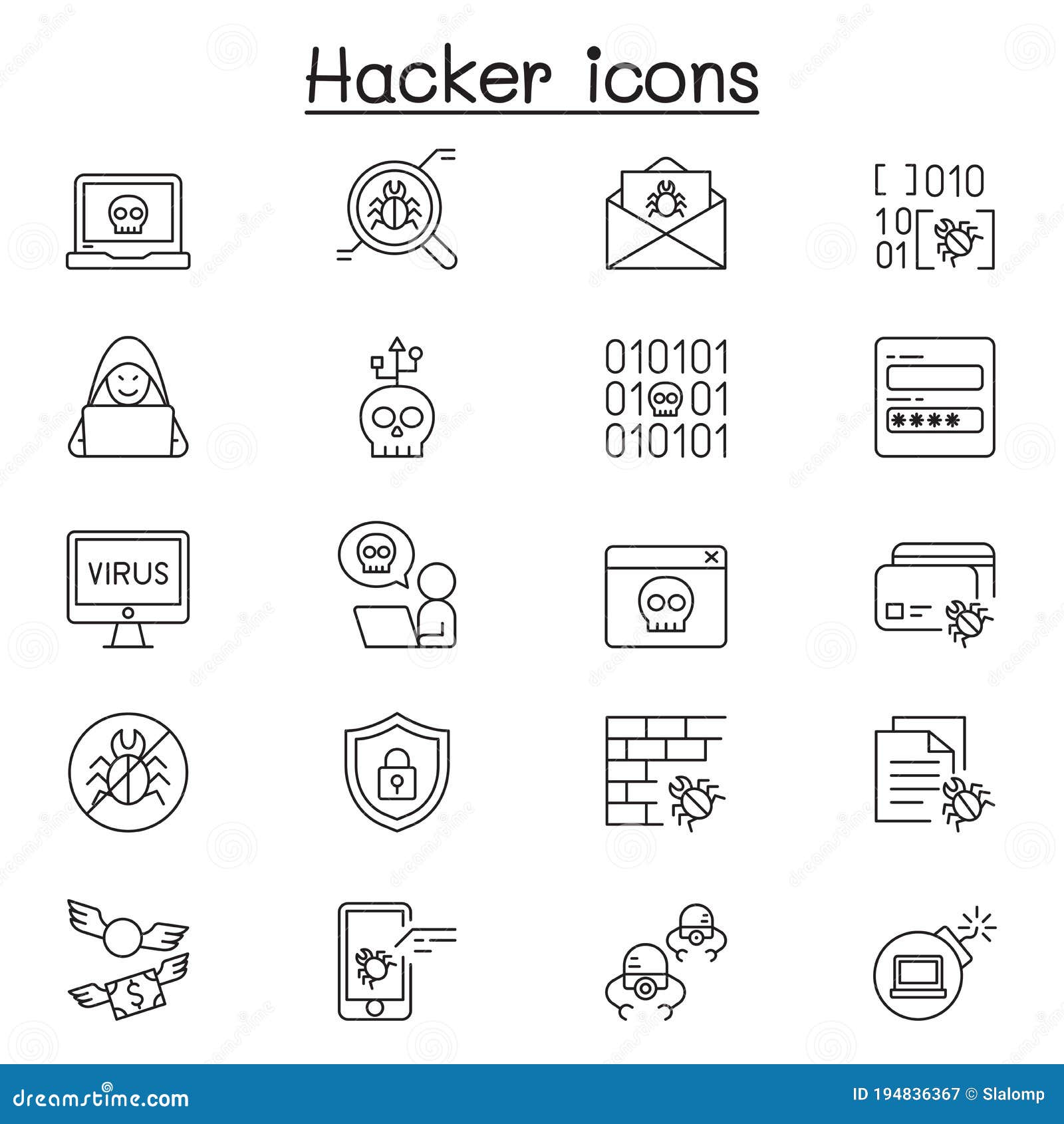 Set of Hacker Related Vector Line Icons. Contains Such Icons As Spy, Virus Computer, Malware ...