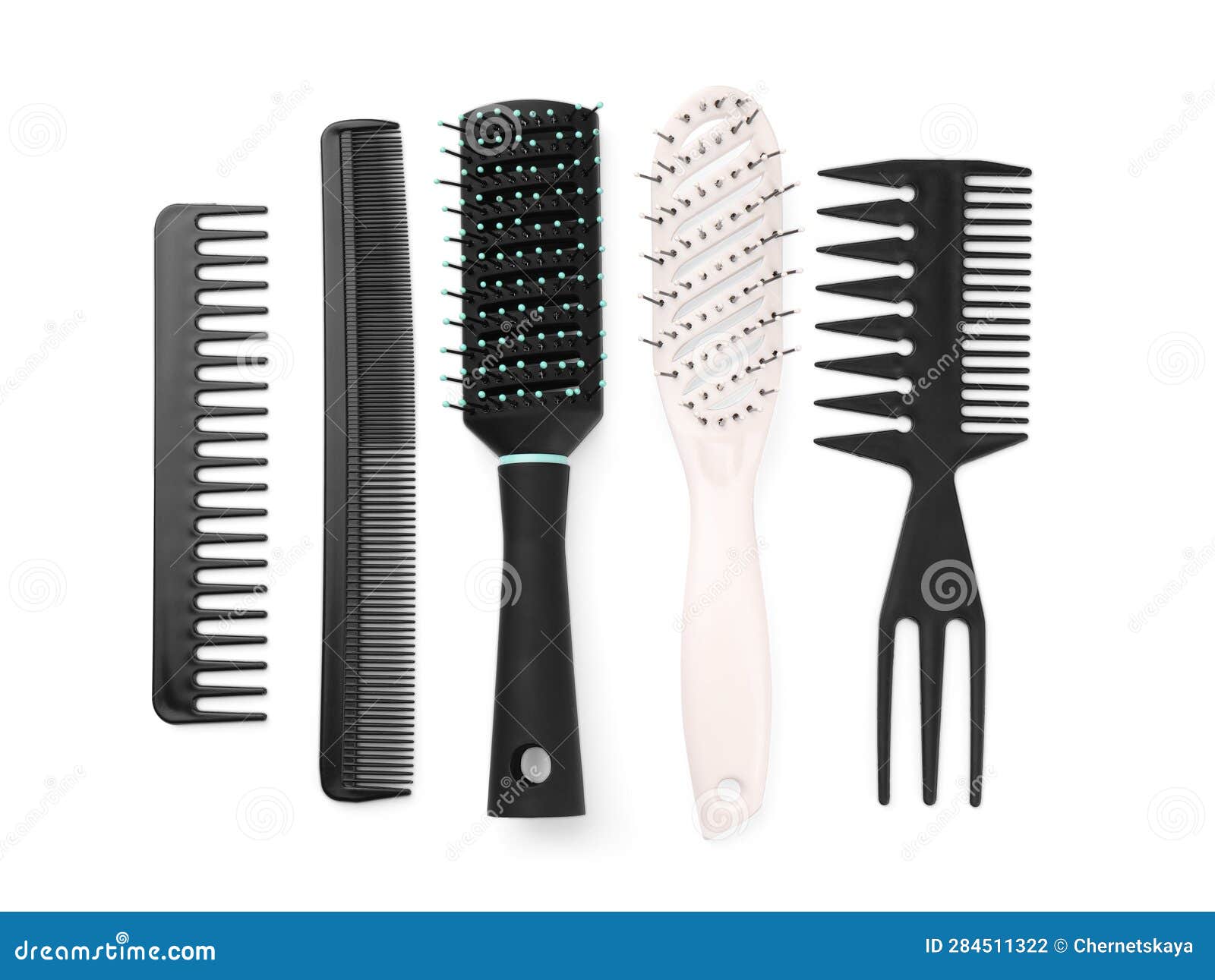 Set of Hair Brushes and Combs Isolated on White, Top View Stock Photo ...