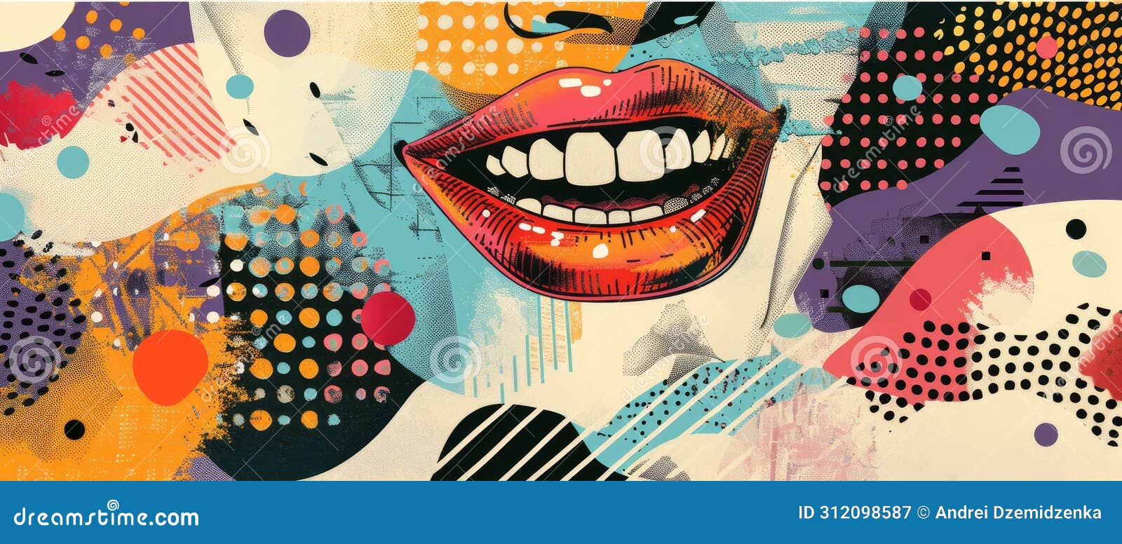 A Set of Halftone Laughing Lips with Grunge Elements. a Collage Mouth ...