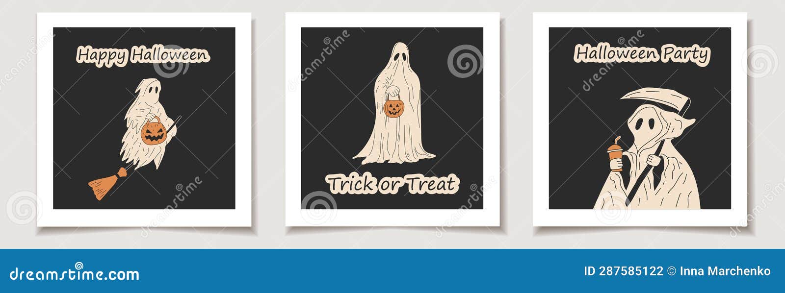 Set of Halloween Cards with Set of Three Funny Ghosts in Different ...