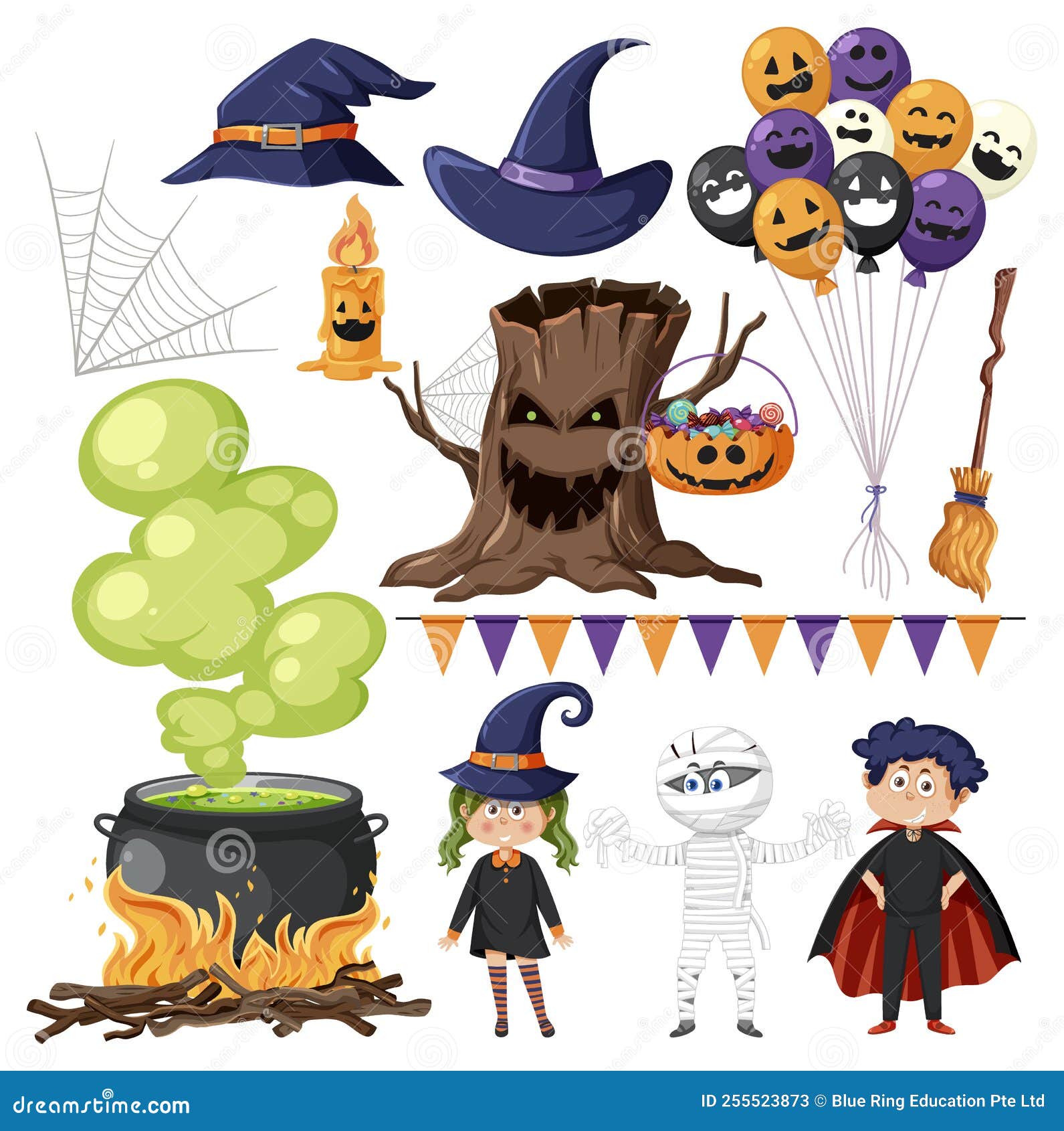 Set of Halloween Cartoon Characters and Elements Stock Vector ...