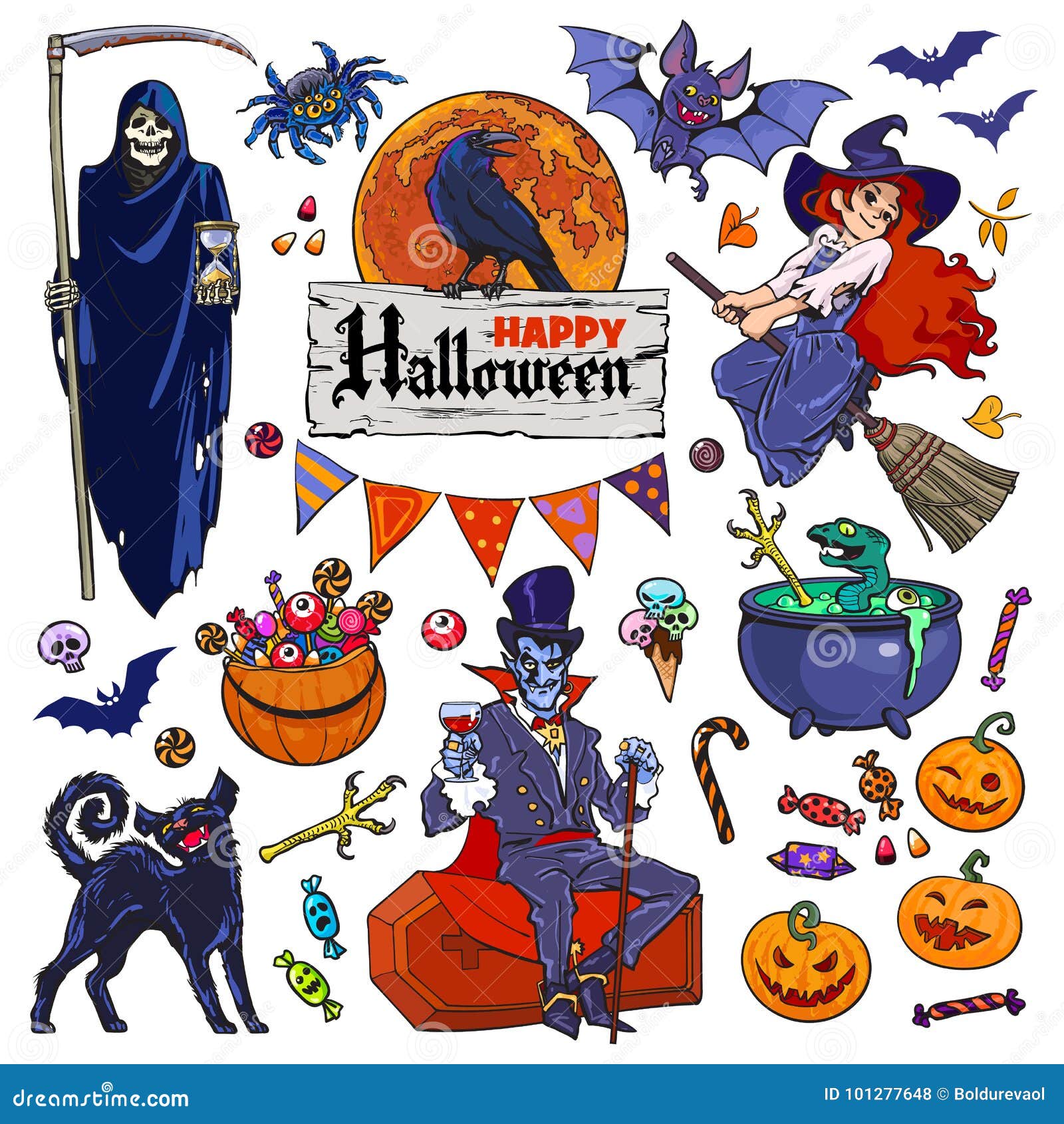 Set of Halloween Cartoon Characters and Objects Stock Vector ...