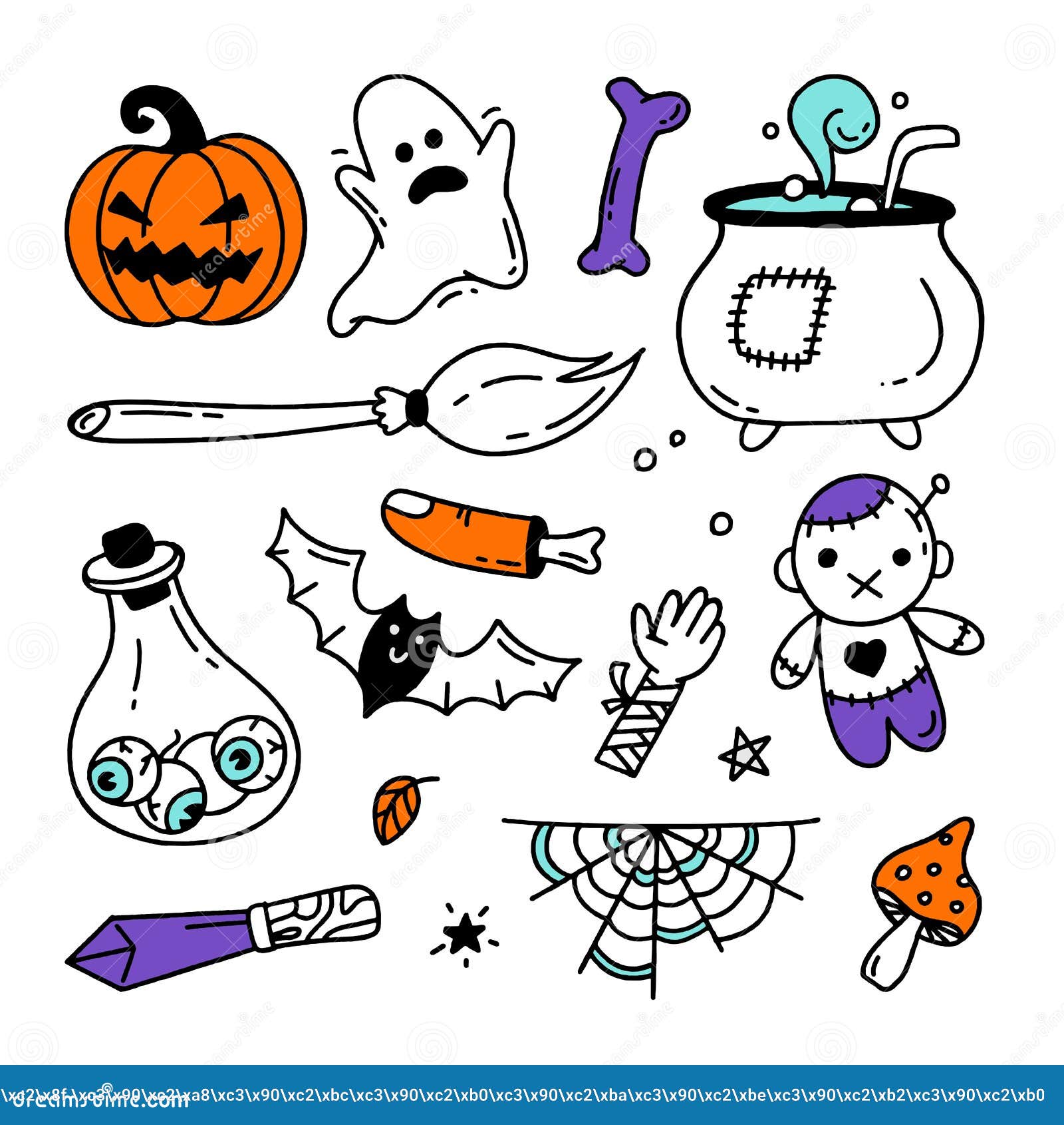 Set of Halloween Elements Doodle Style Vector Design Illustration Isolated on White Background ...