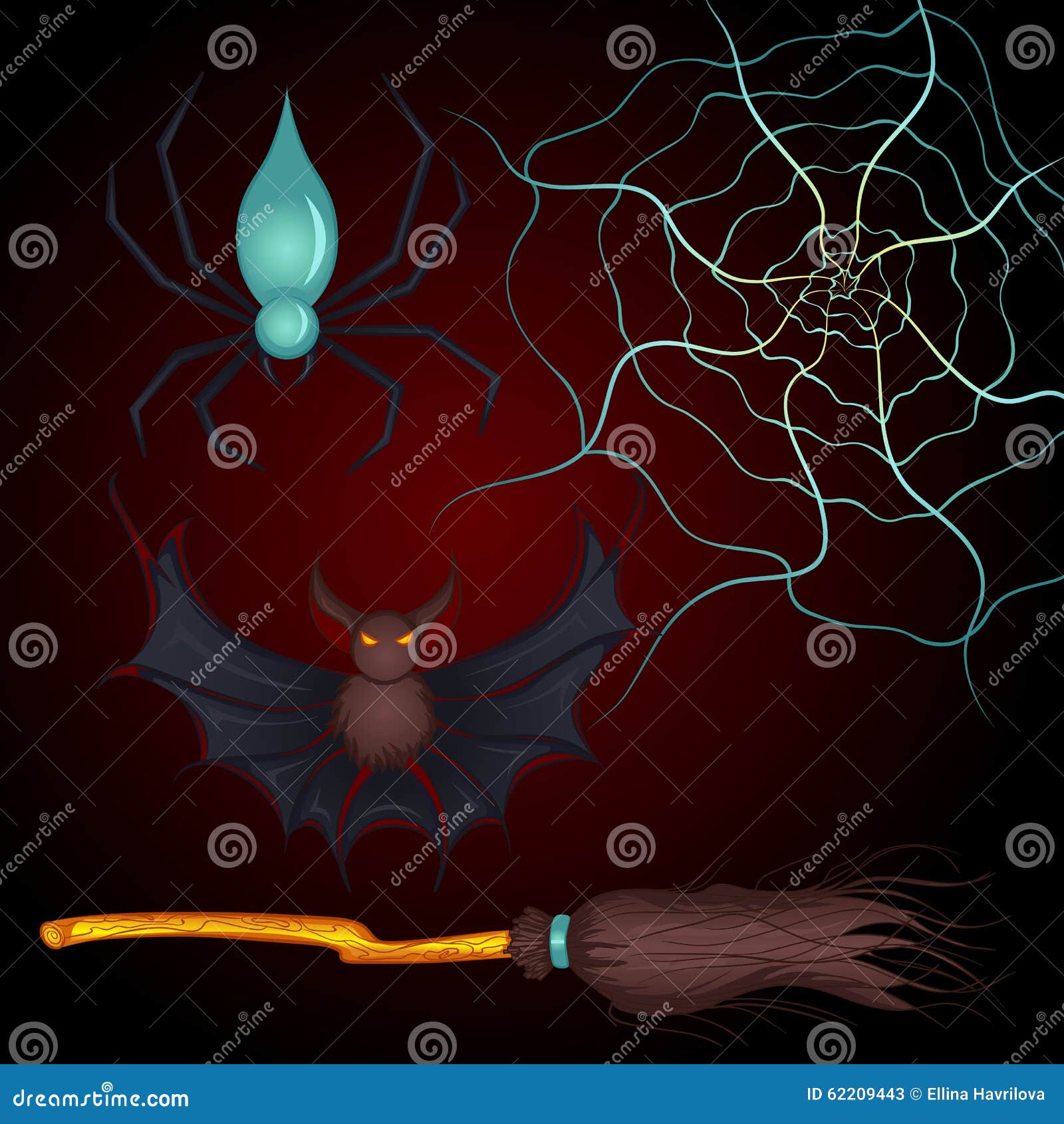 Set for Halloween Spider, Bat, Broom Stock Illustration - Illustration ...