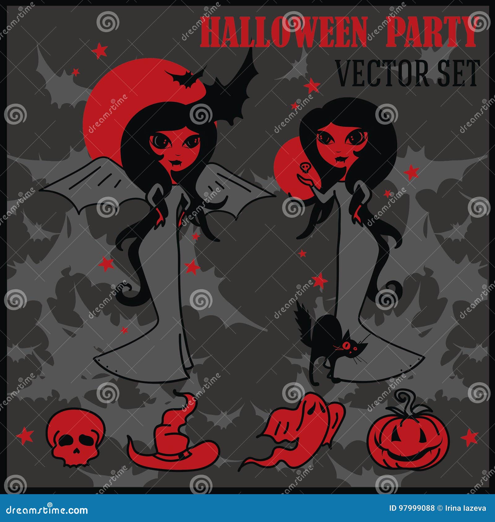 Set of Halloween Things, Cartoon Style Witch and Lady Vampire Stock ...