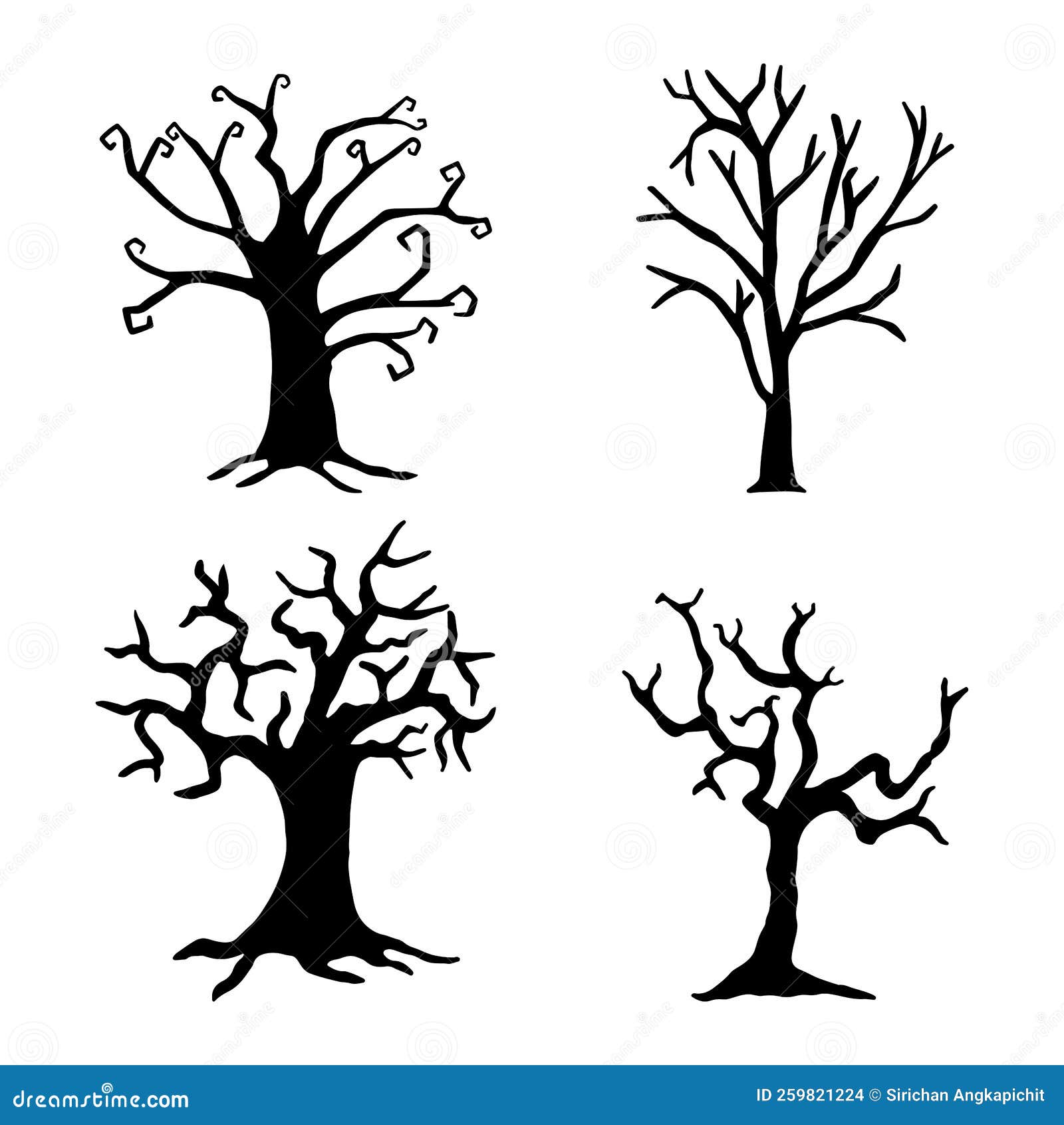 Halloween Trees And Coffins Seamless Outline Pattern Isolated On Black ...