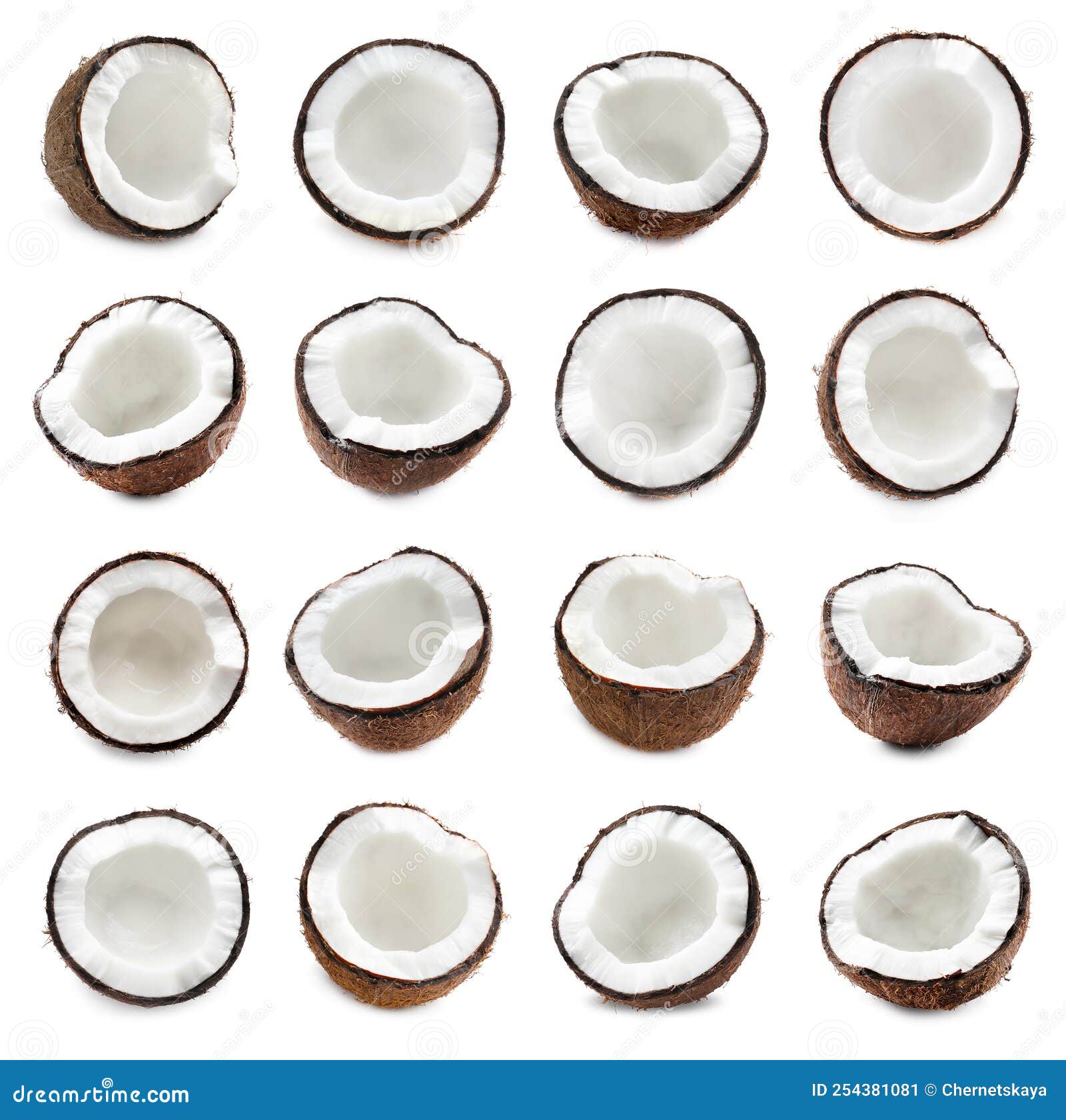 Set with Halves of Fresh Ripe Coconuts on White Background Stock Image ...