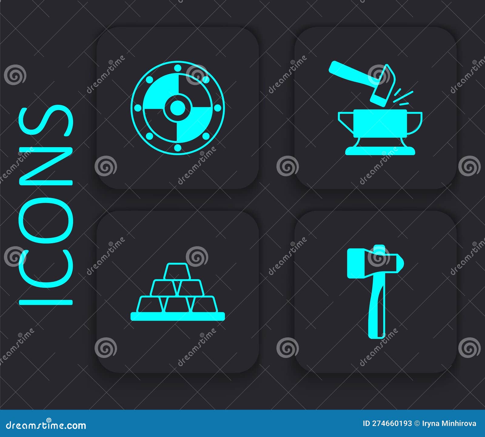 Set Hammer, Round Shield, Anvil and Hammer and Gold Bars Icon. Black ...