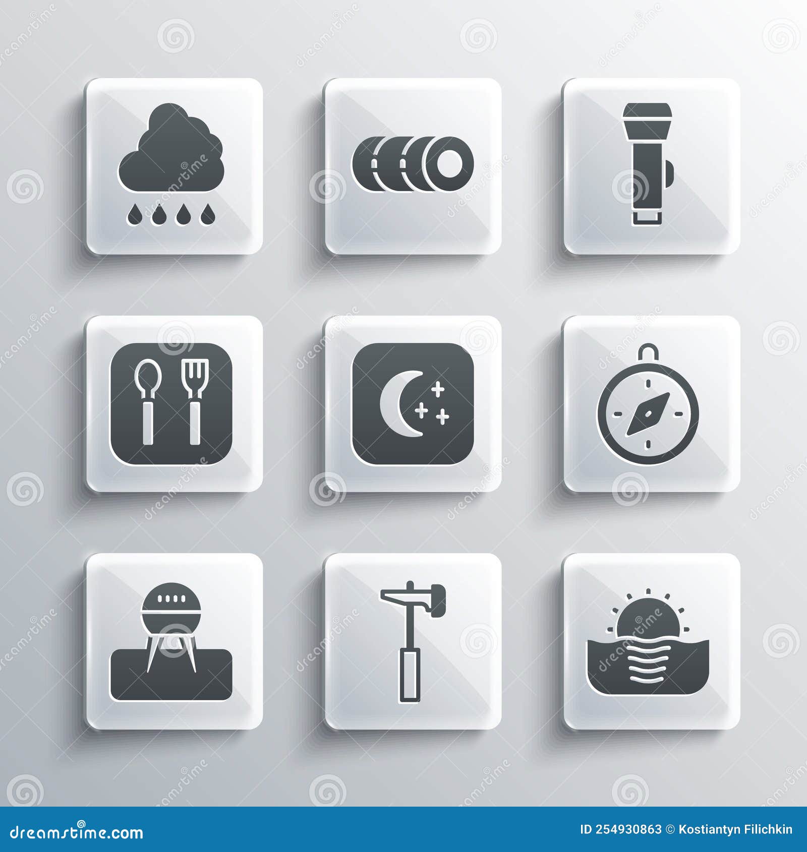 Set Hammer, Sunrise, Compass, Moon and Stars, Barbecue Grill, Fork ...