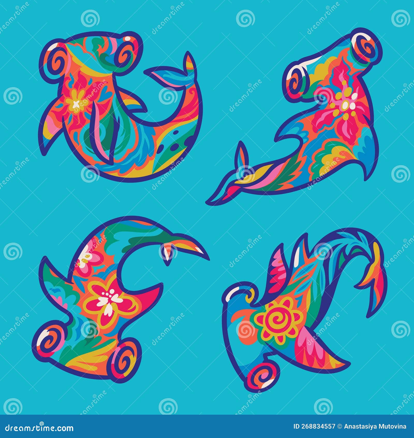 Set of Hammerhead Sharks with Decorative Flowers Ornaments Inside Stock ...