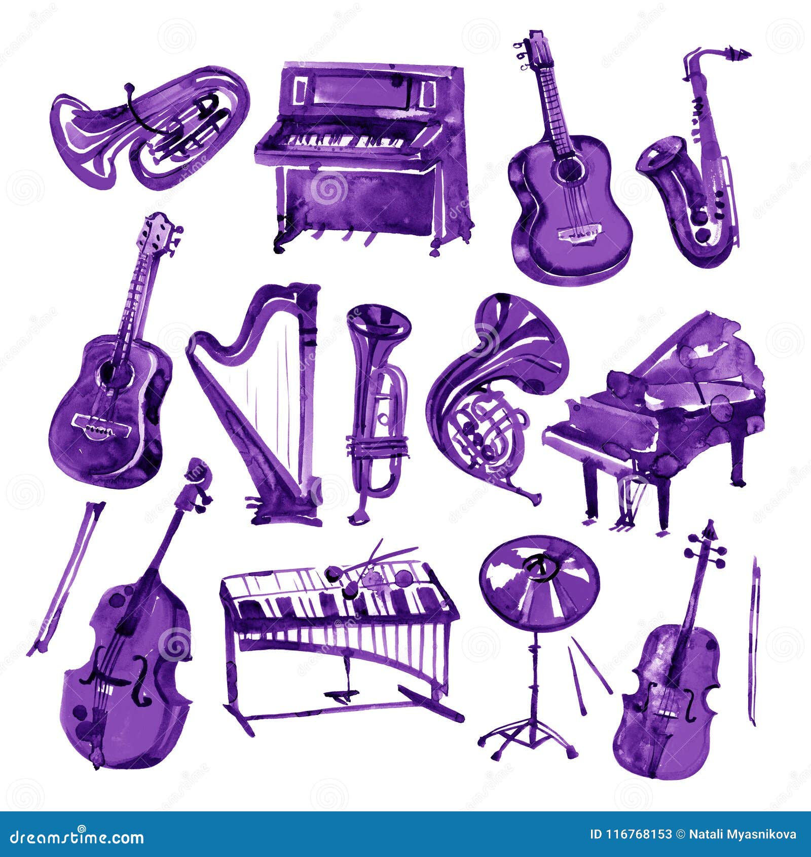 Set of Hand Draw Violet Watercolor Musical Instruments Stock ...