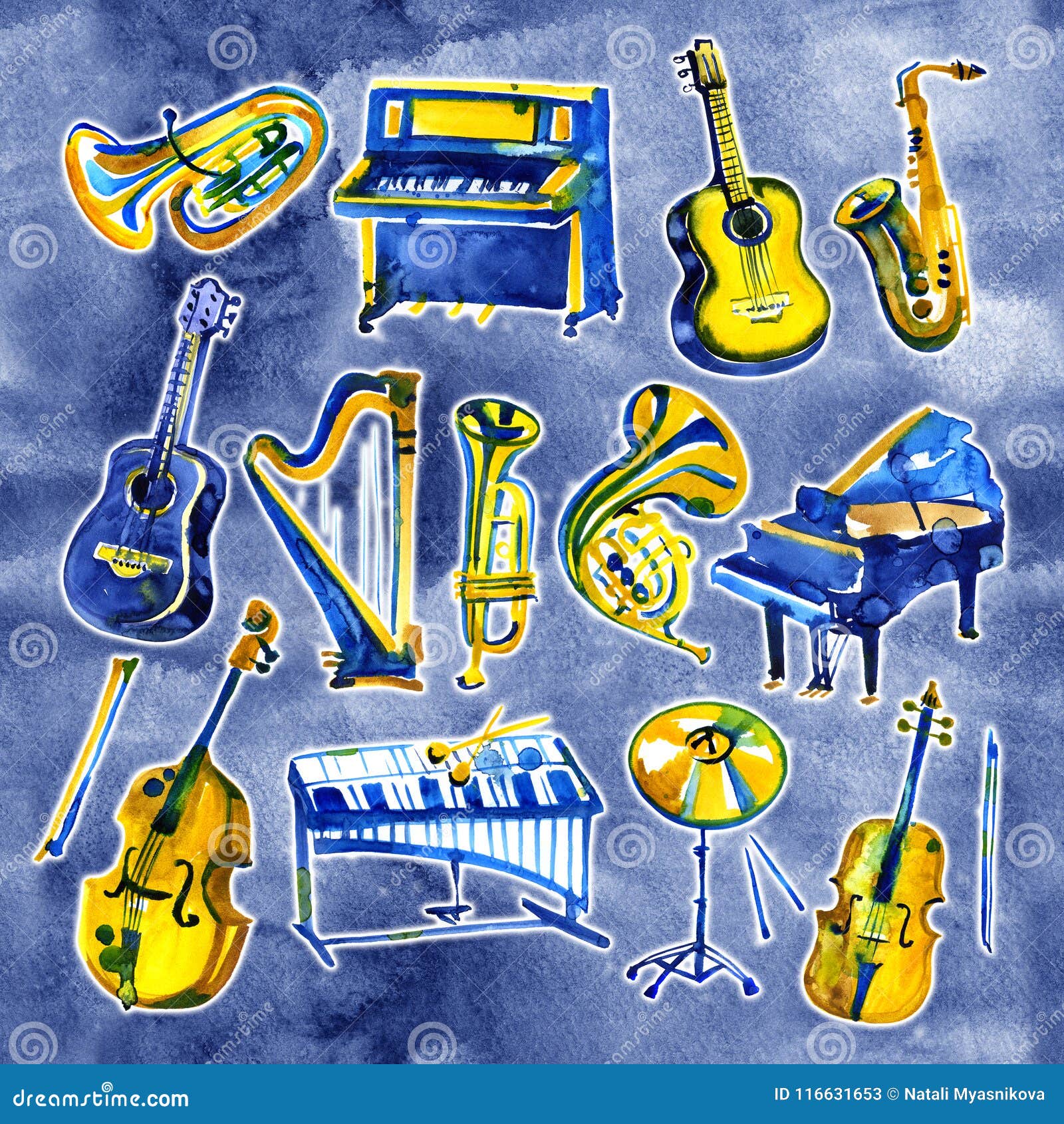 Set of Hand Draw Watercolor Musical Instruments on Blue Background ...