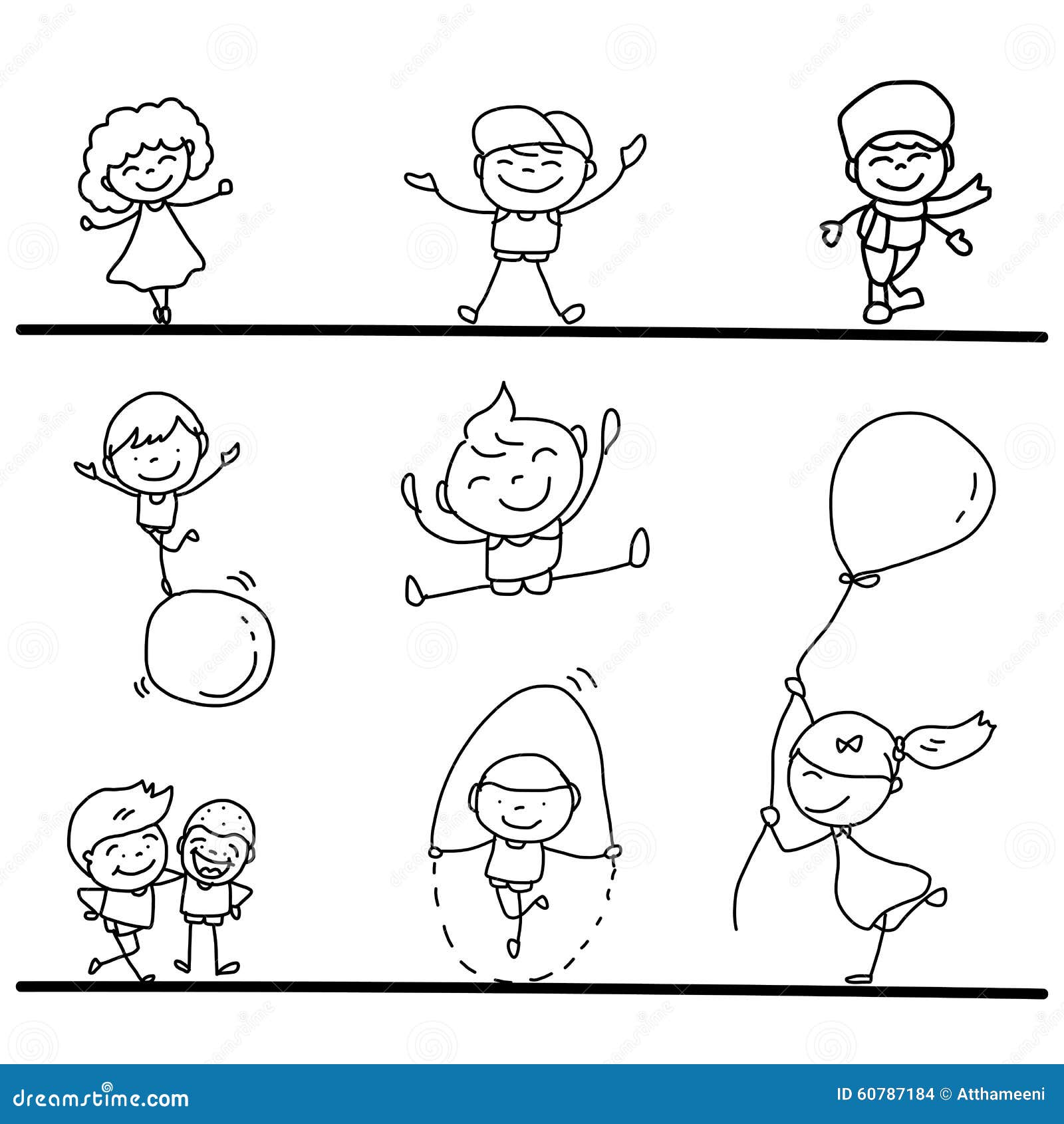 Set of Hand Drawing Cartoon Happy Kids Playing Stock Vector ...