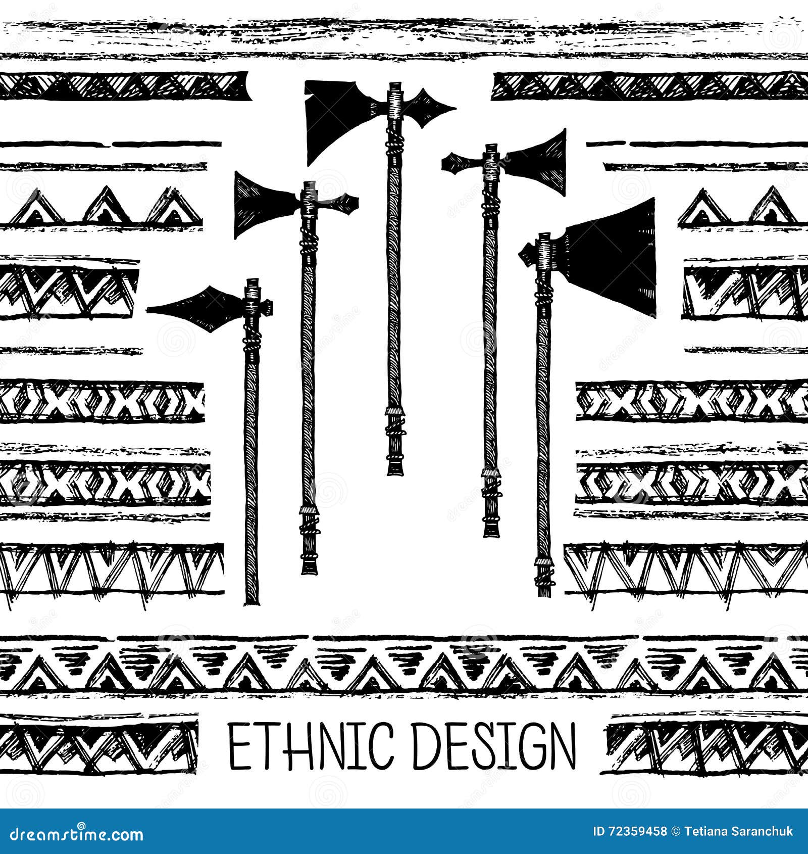 Set of Hand Drawing Ink Elements of American Indian Axes and Tomahawks ...