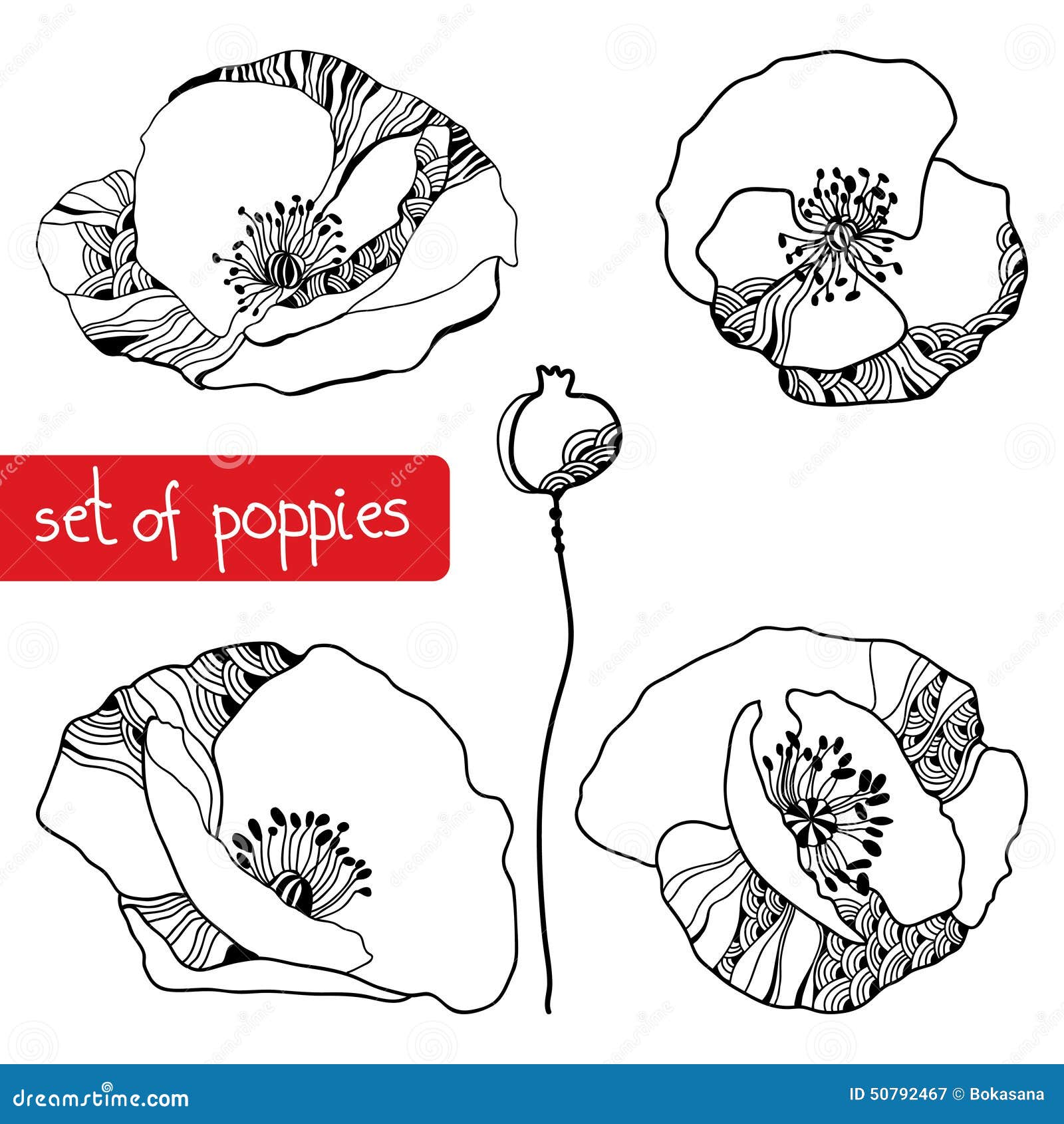 Set of Hand-drawing Poppies Stock Vector - Illustration of artwork ...