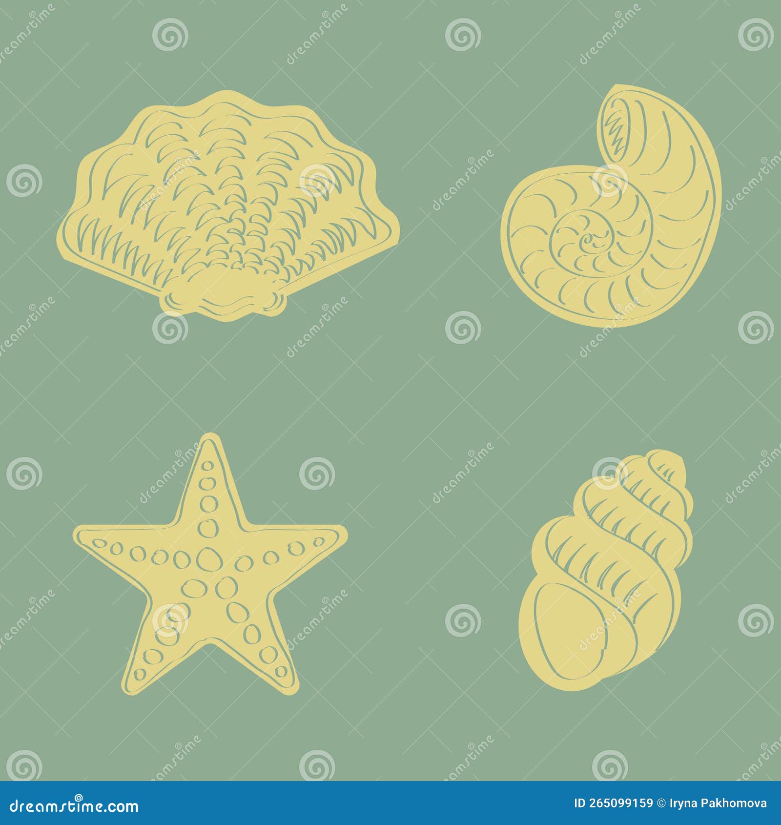 Set of Hand Drawing Sea Creatures Shells and Starfish Stock Vector ...