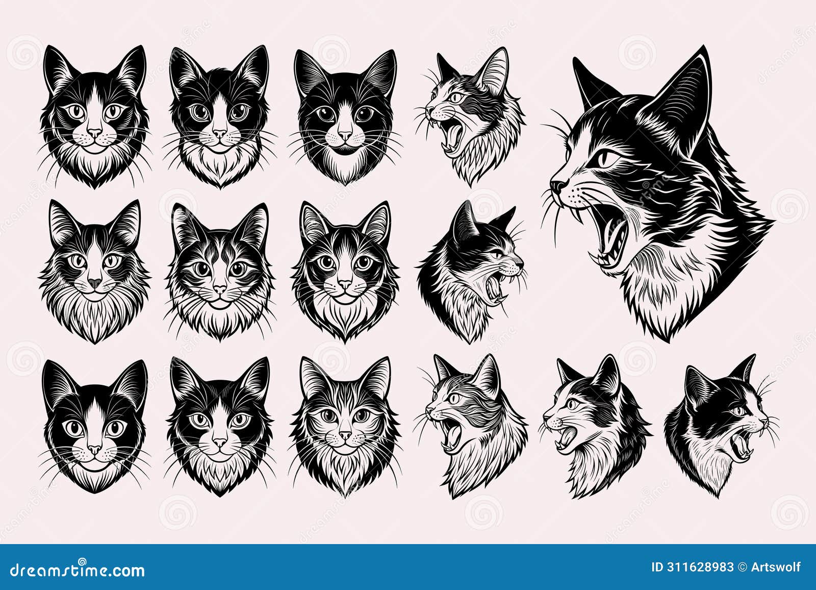 Set of Hand Drawing Turkish Van Cat Face Template Design Stock Vector ...