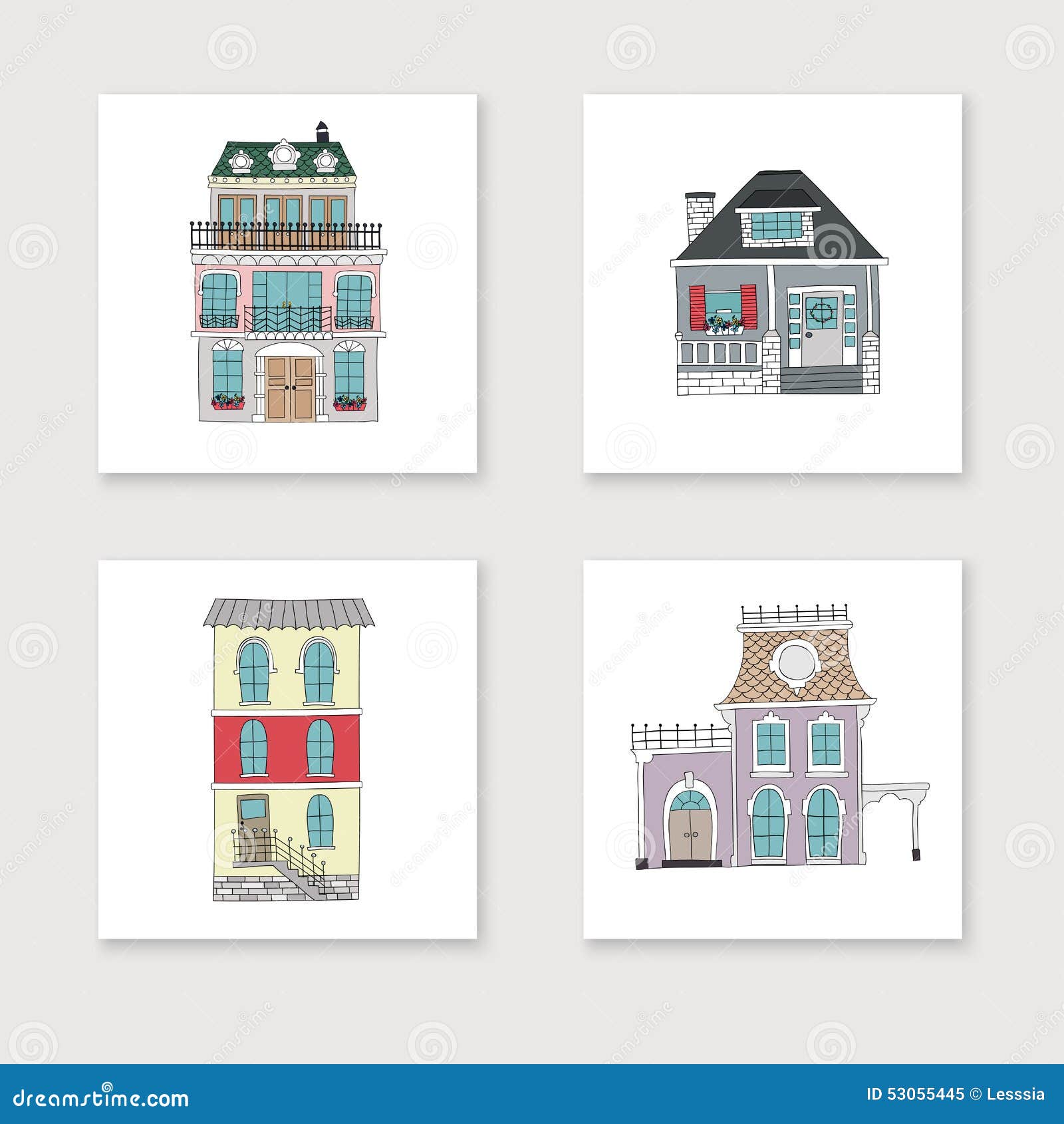 Set of Hand Drawing Vintage Houses. Stock Vector - Illustration of ...
