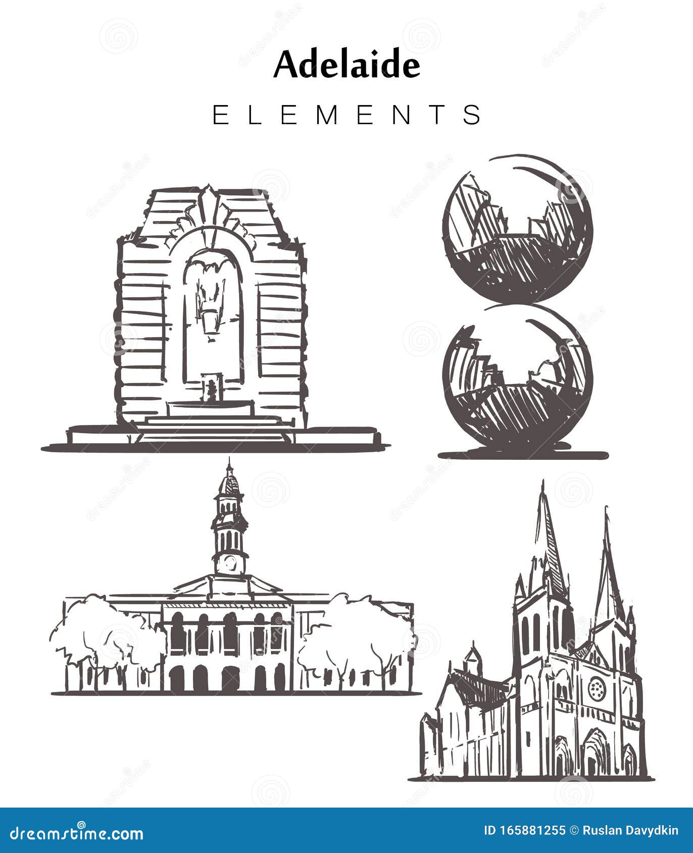 Set of Hand-drawn Adelaide Buildings, Elements Sketch Stock ...
