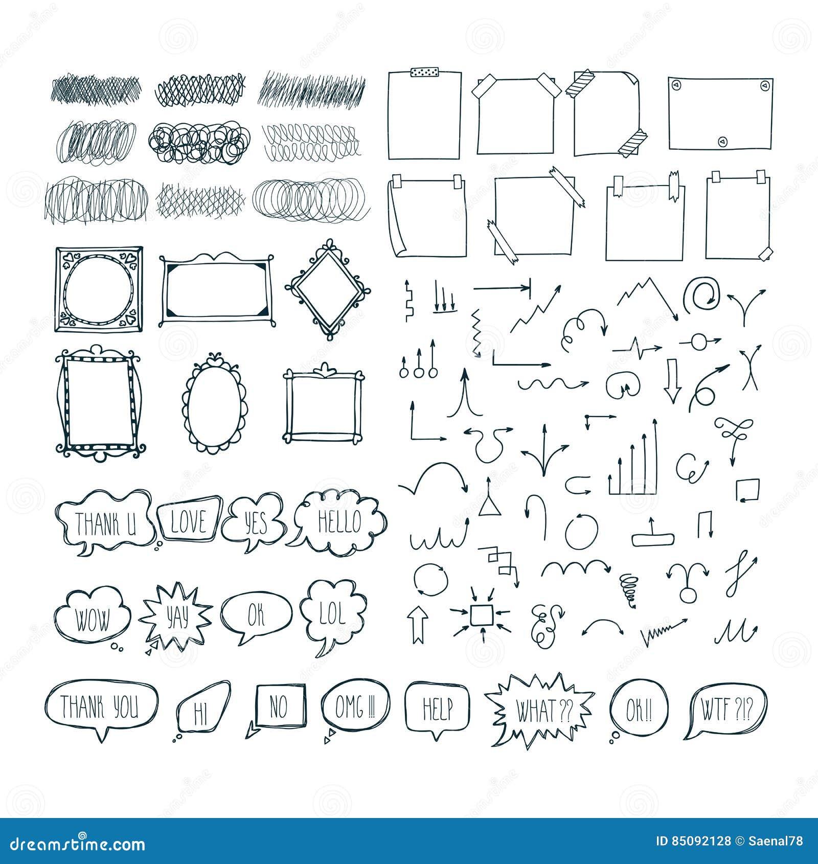 Set of Hand Drawn Arrows, Speech Bubbles, Frames and Note Papers Stock ...