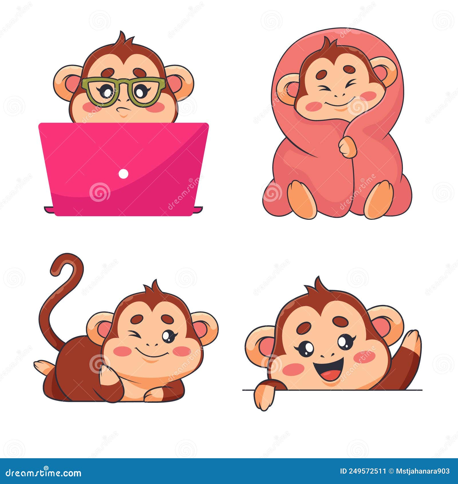 Set of Hand-drawn Baby Monkeys Using Computer, Sitting in Towel ...