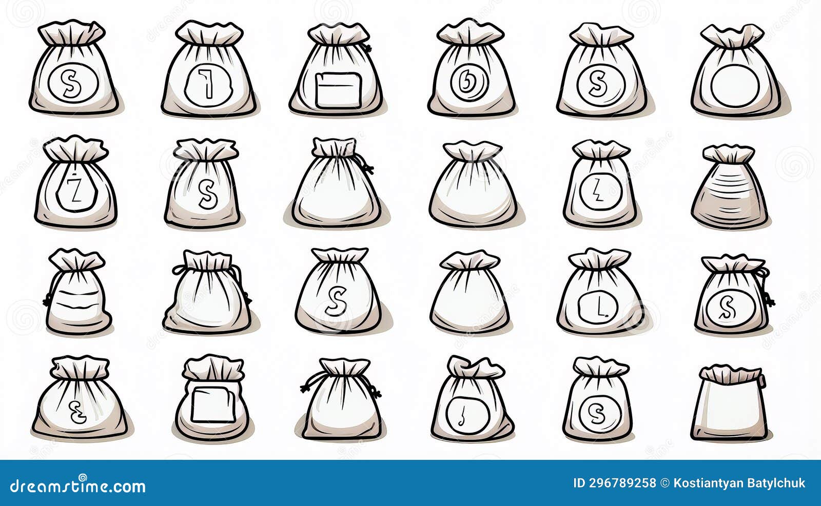 Set of Hand Drawn Bags with Numbers and Letters on the Front of Them ...