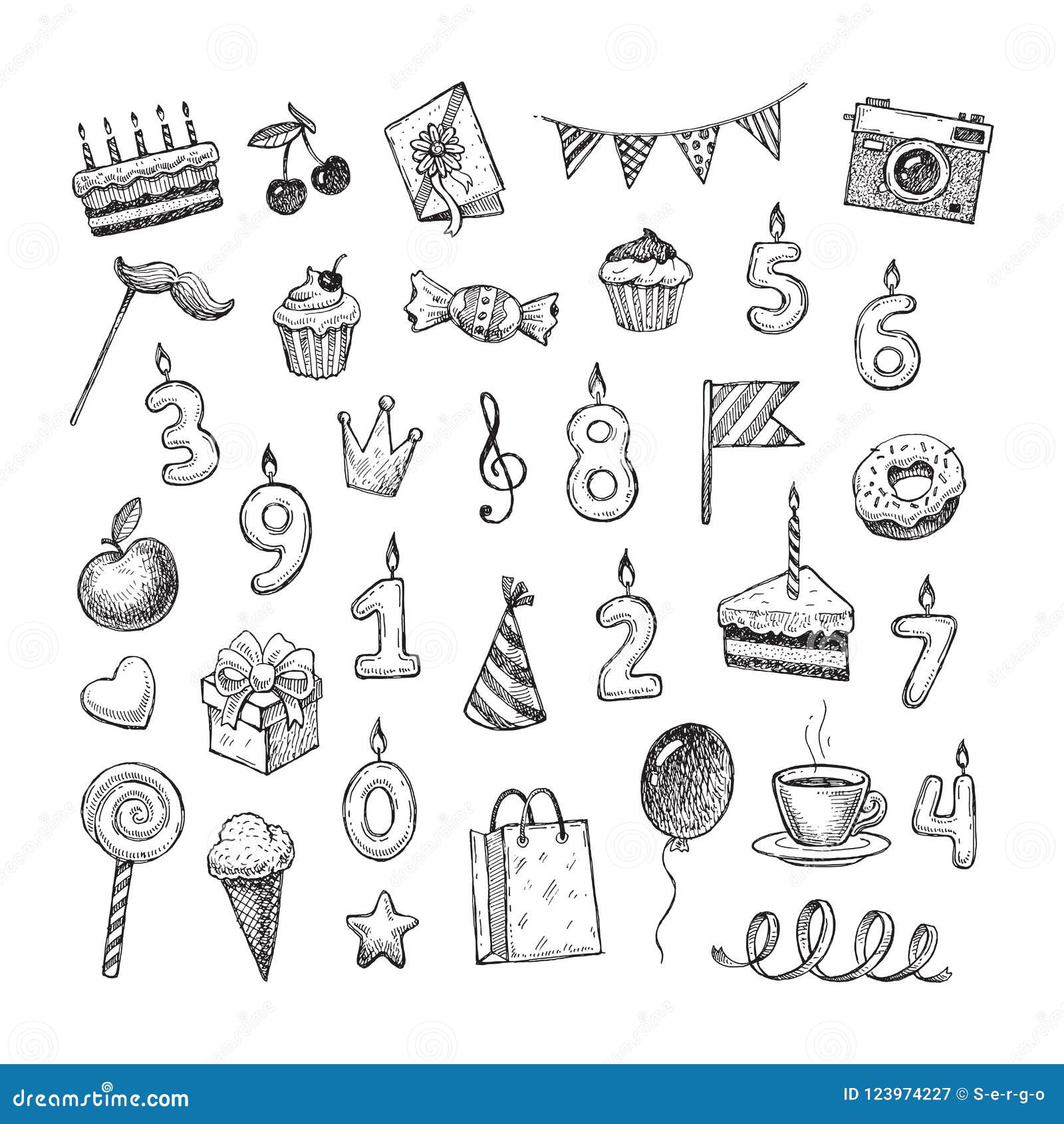 Set of Hand Drawn Birthday Objects. Birthday Doodle Style Illustration ...