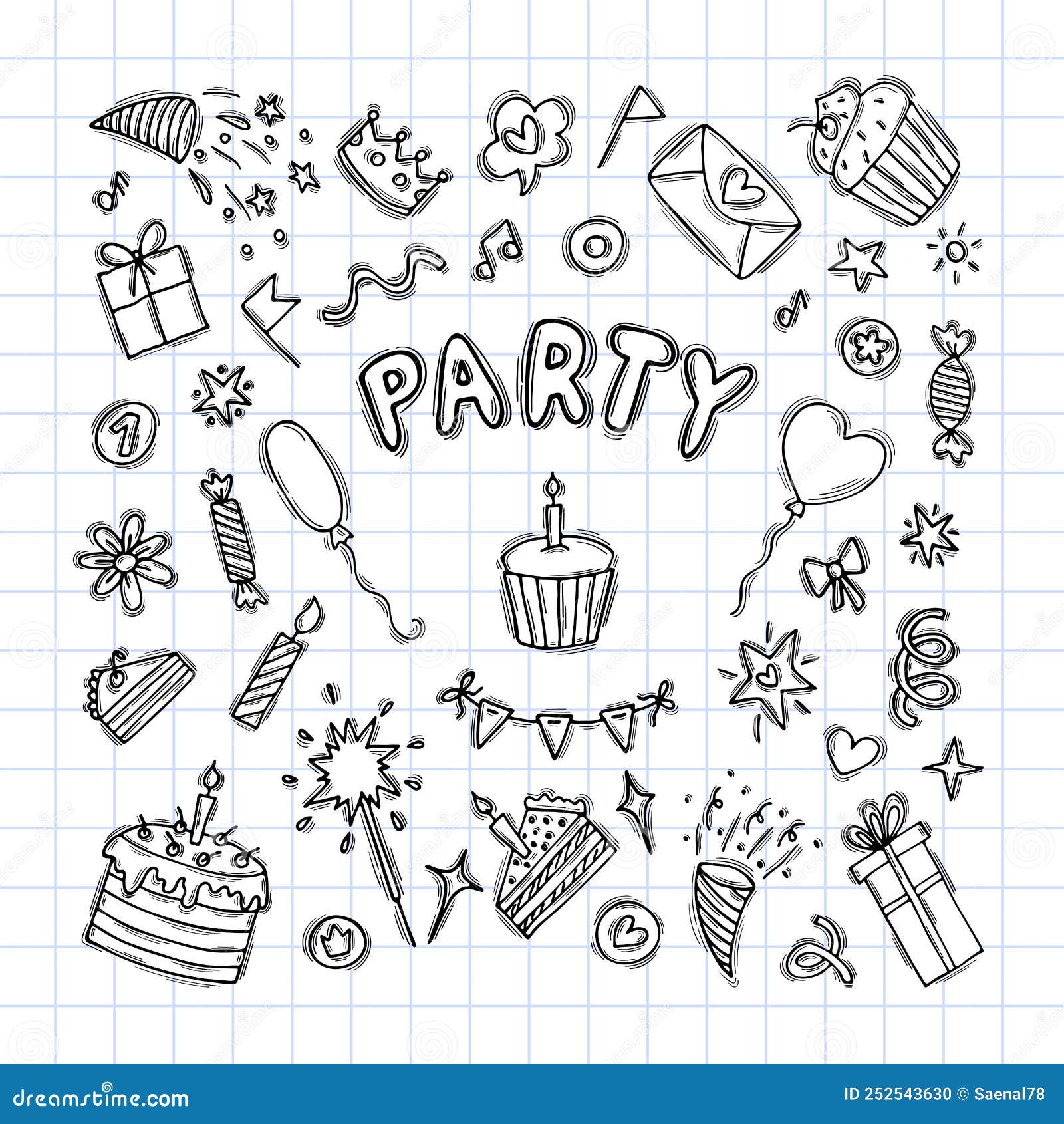 Set of Hand Drawn Birthday Party Design Elements. Set of Party Elements ...