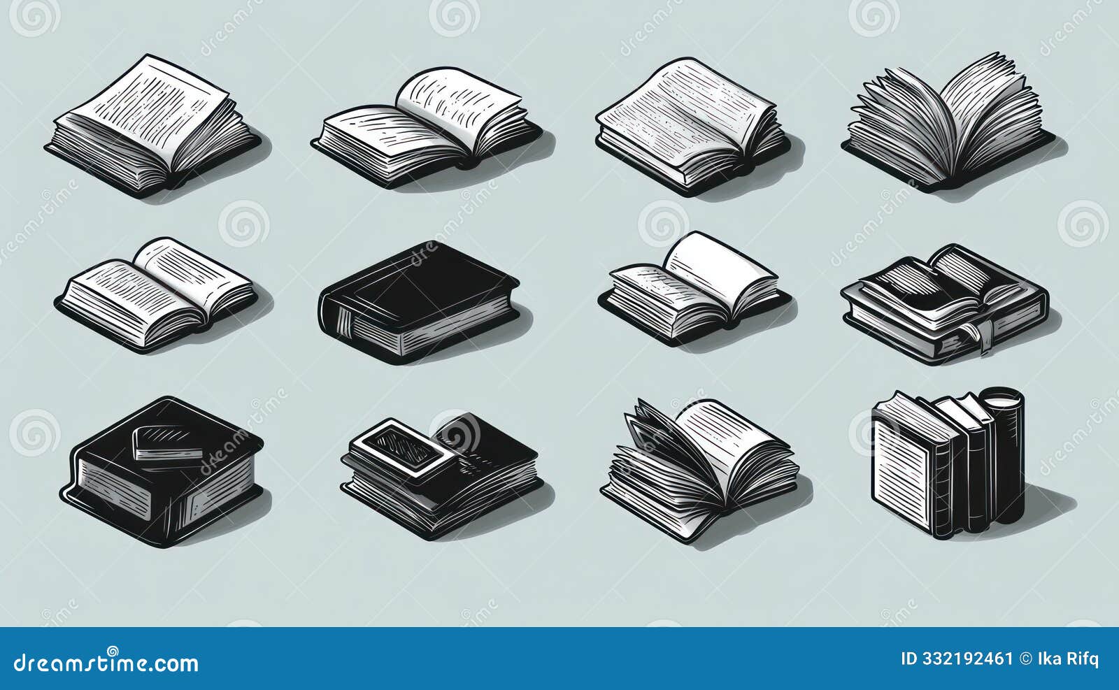 Set of Hand Drawn Black and White Book Illustrations Stock Illustration ...