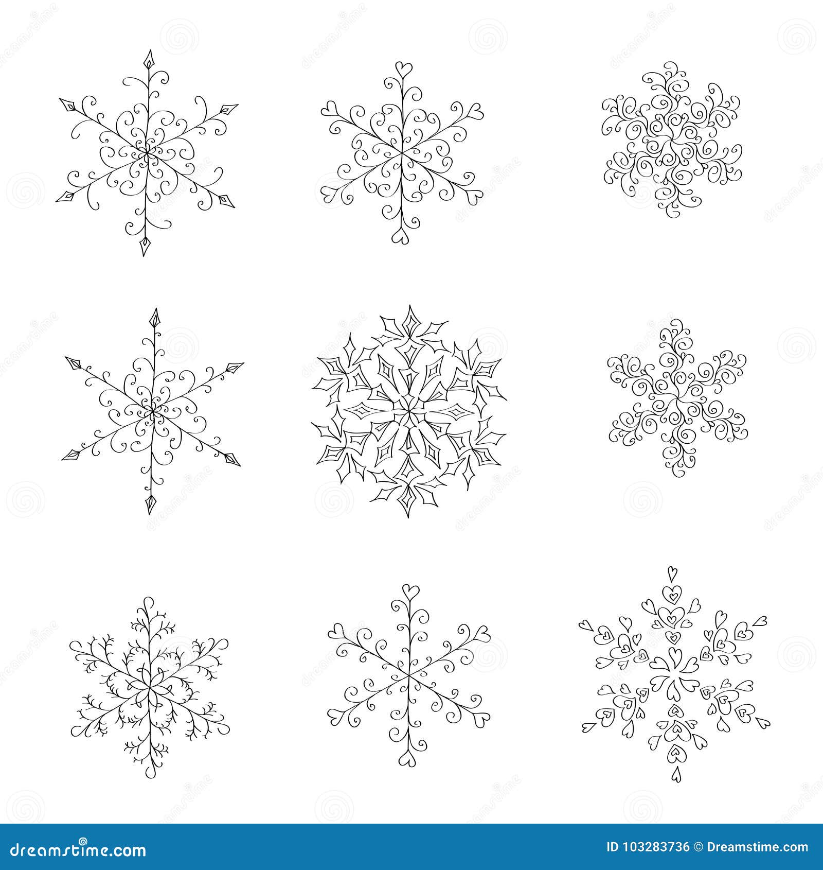 A Set of Hand-drawn Black-and-white Snowflake Stock Vector ...