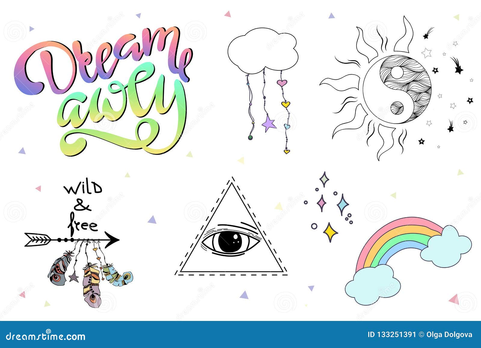 Set of Hand Drawn Boho Design Elements Including Feathers, Dream ...