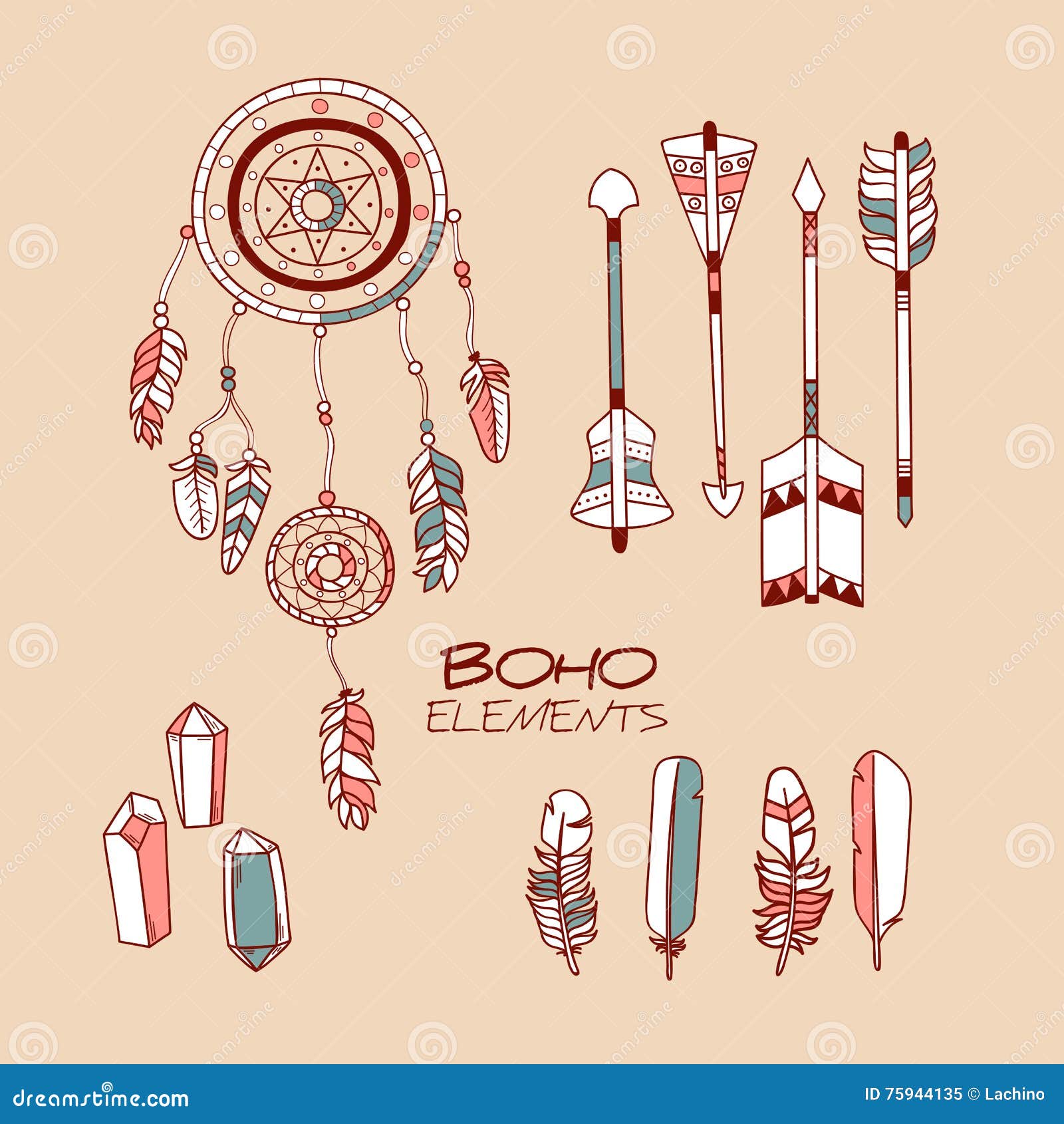 Set of Hand Drawn Boho Elements Stock Vector - Illustration of indian ...