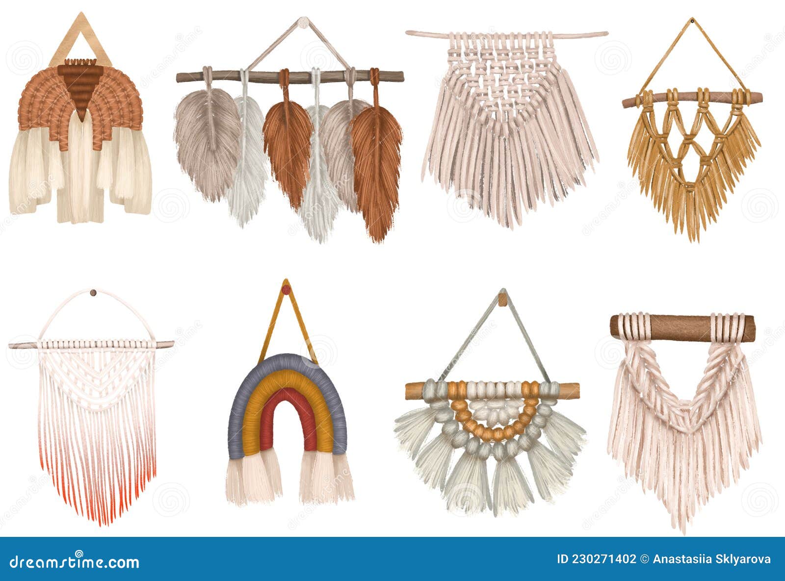 Set of Hand Drawn Boho Macrame Home Decorations Stock Illustration ...