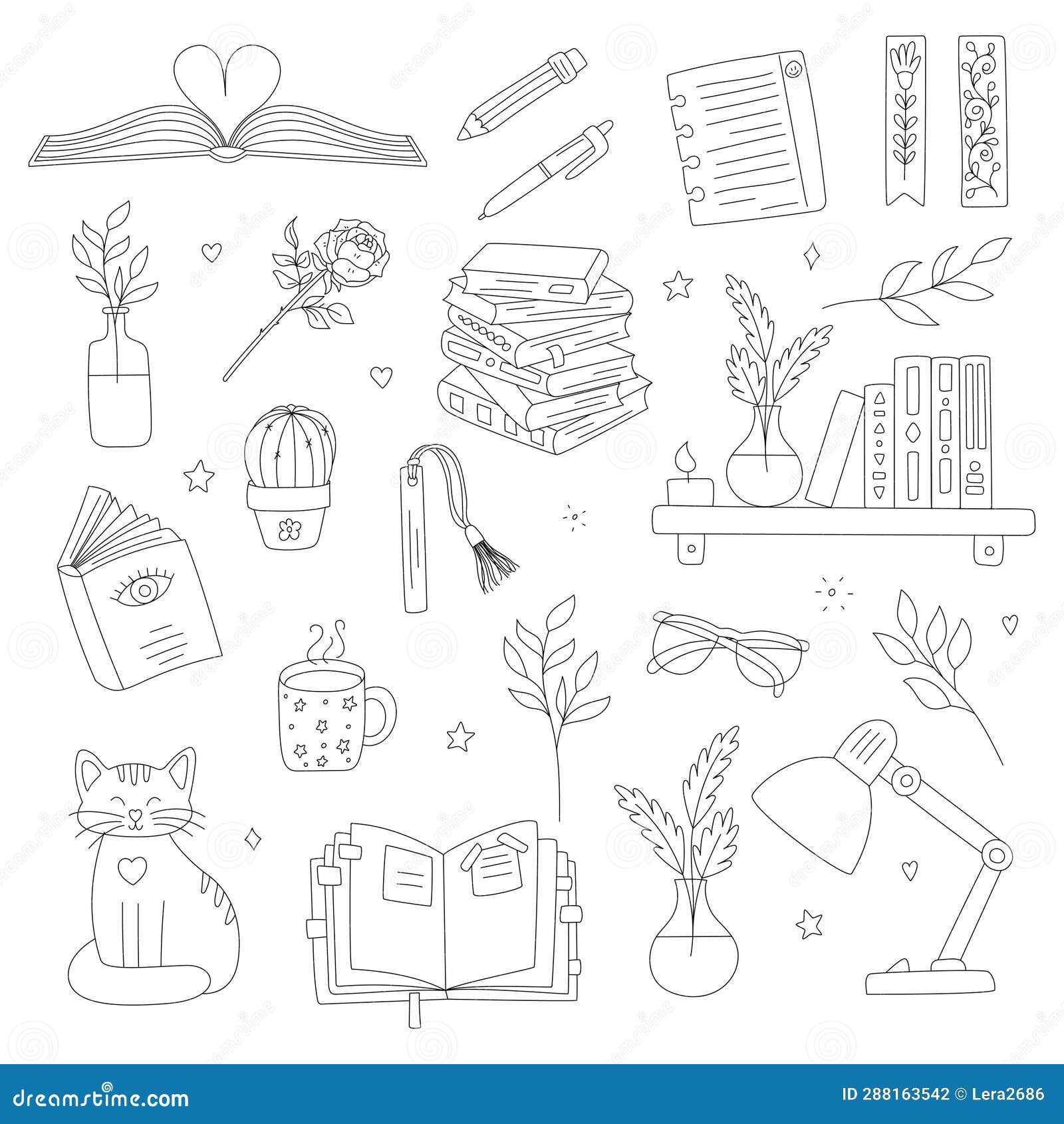 Set of Hand Drawn Books and Elements, Symbolizing Reading, Learning ...