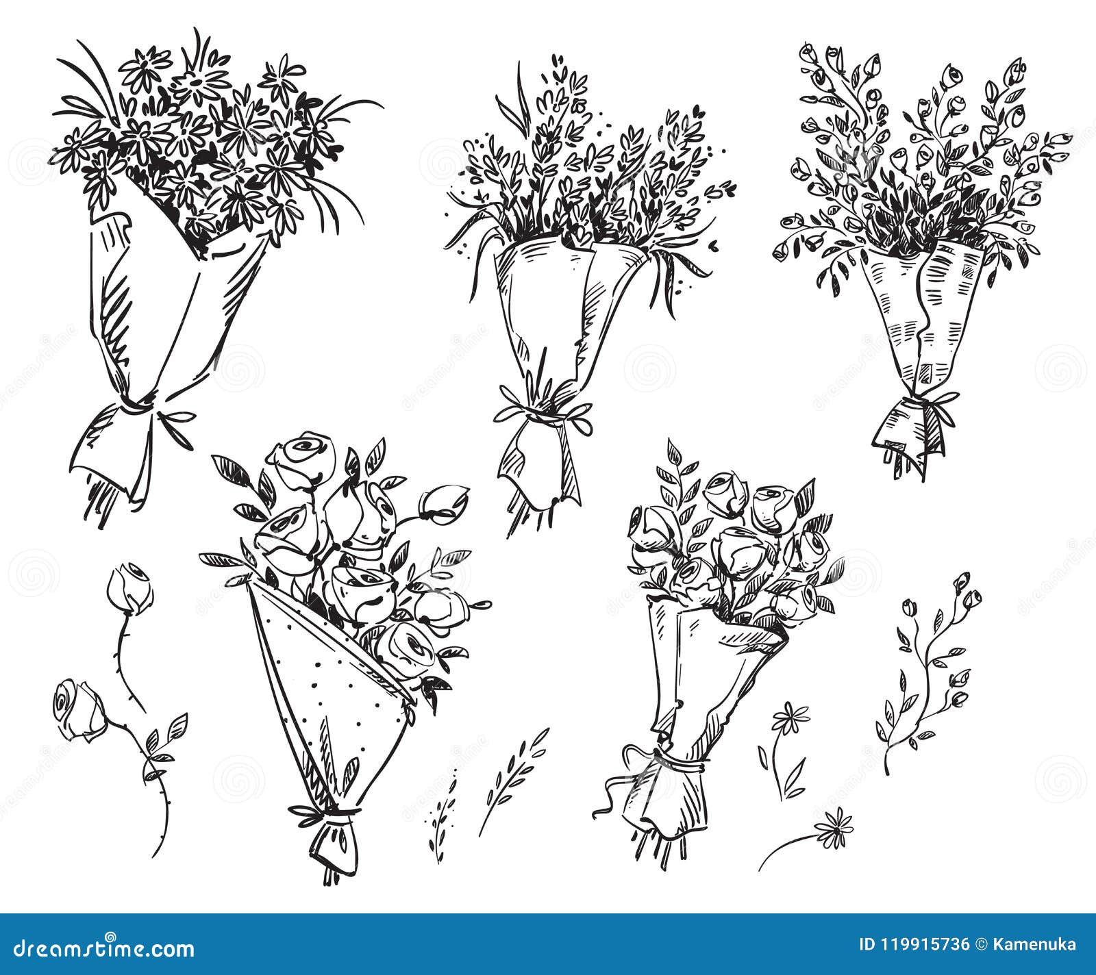 Set of Hand Drawn Bouquets, Vector Sketch Stock Vector - Illustration ...
