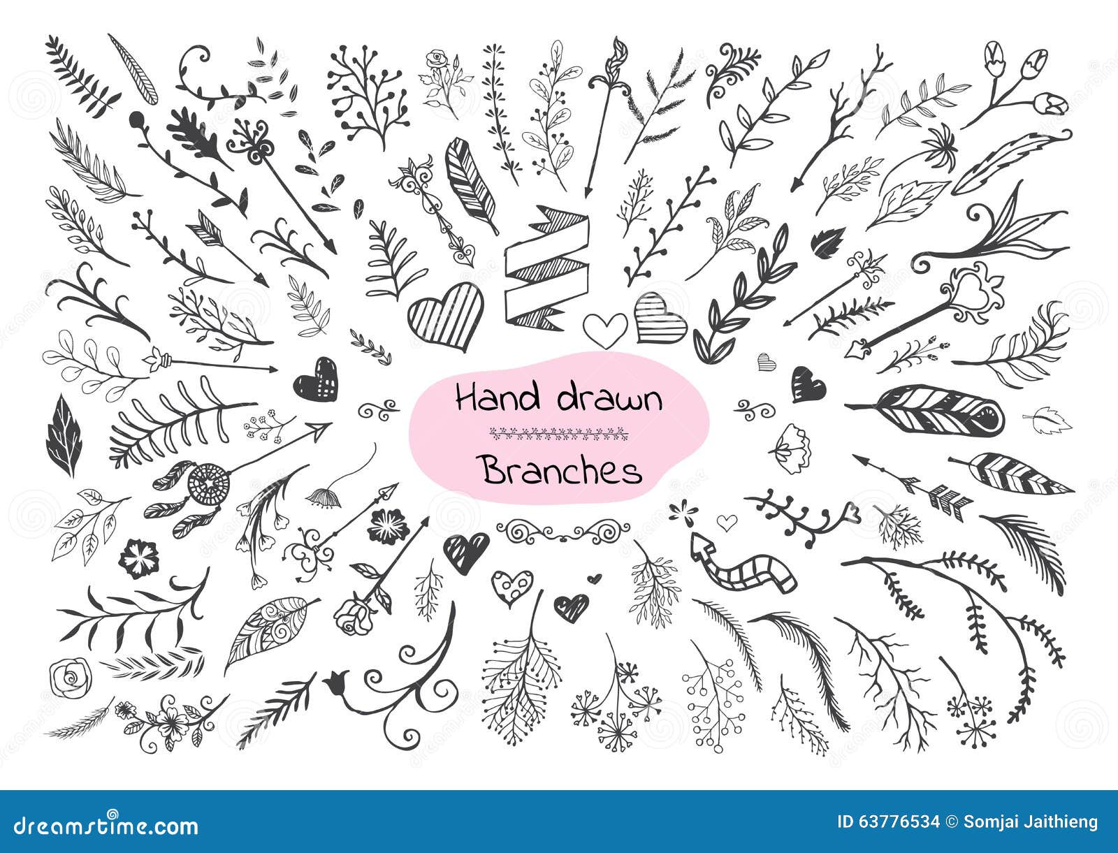 Set of Hand Drawn Branches, Hearts and Arrows Stock Vector ...