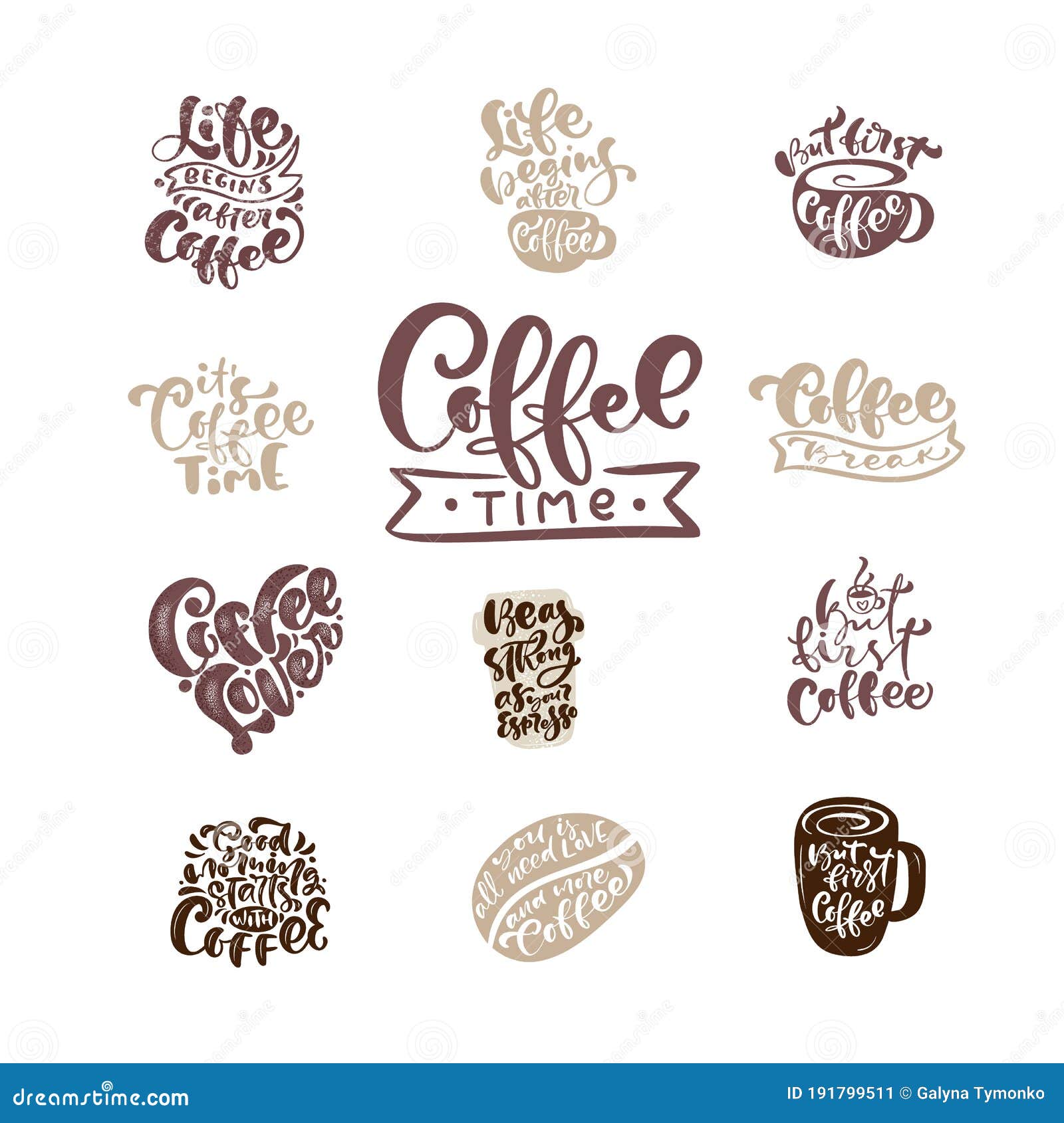 Set of Hand Drawn Calligraphy Lettering Phrases about Coffee. Vector ...
