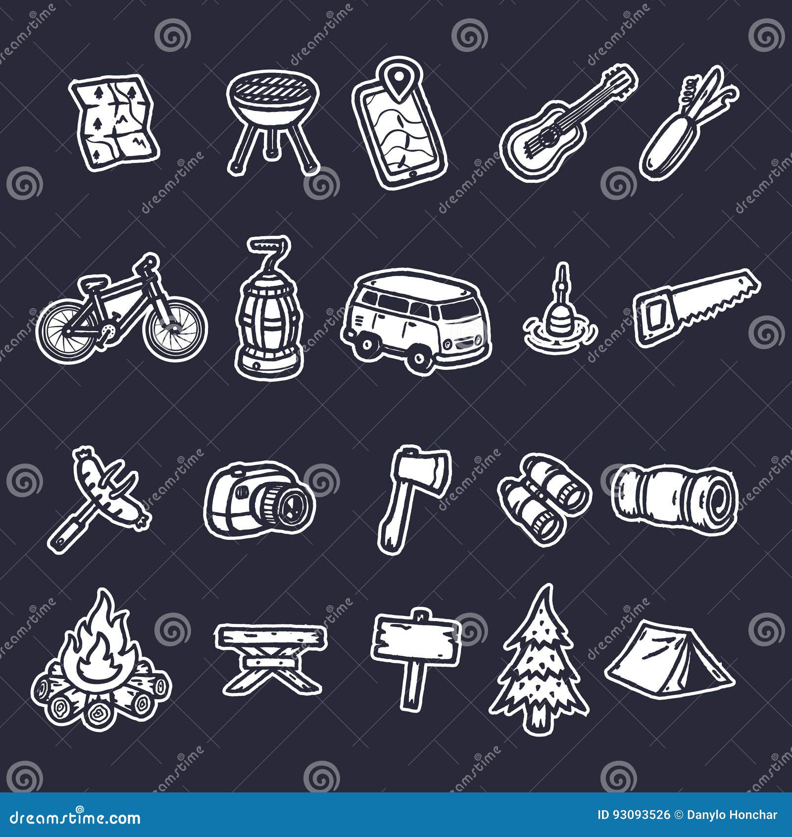 Set of Hand Drawn Camping Icons. Stock Vector - Illustration of hand ...