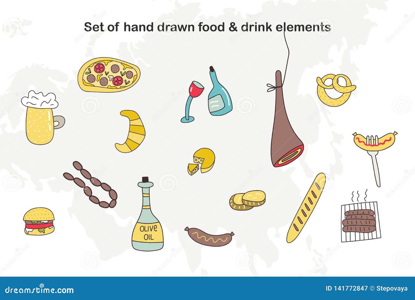 Set Of Hand Drawn Cartoon Food And Drink Elements Vector Illustration Stock Vector