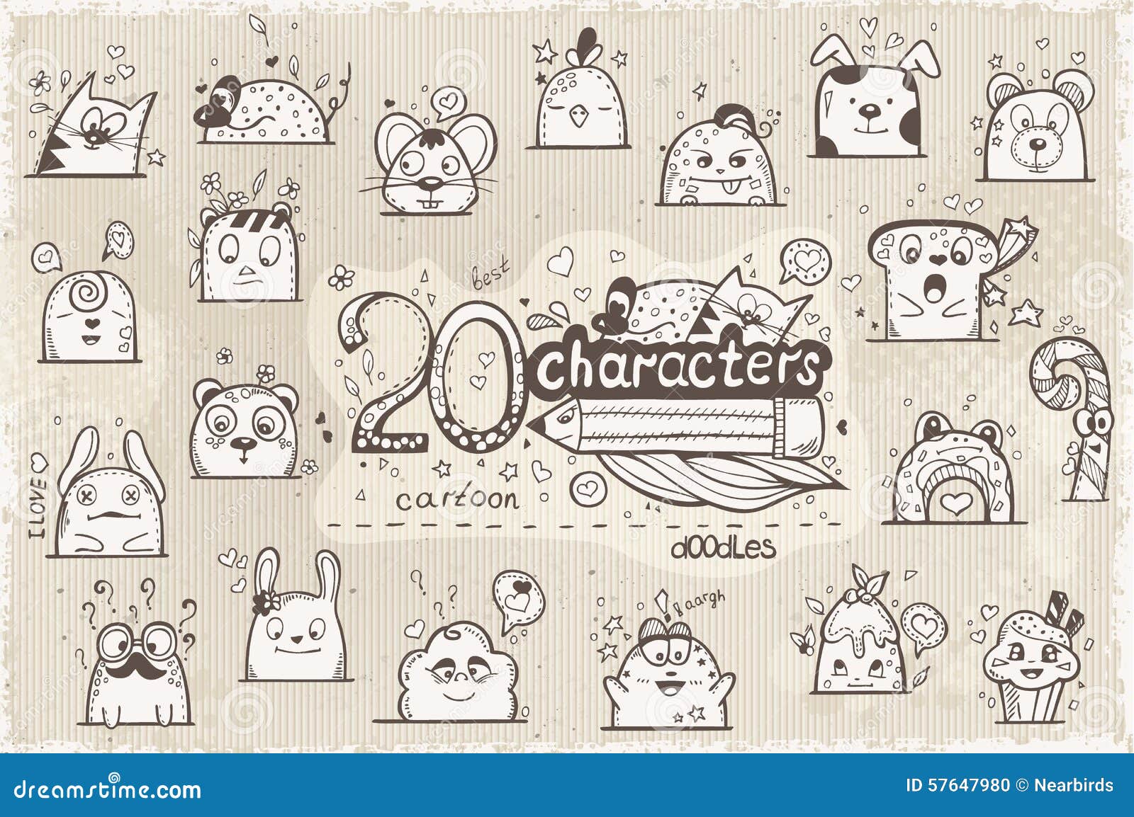 Set of 20 Hand-drawn Characters in Doodles Stock Vector - Illustration ...