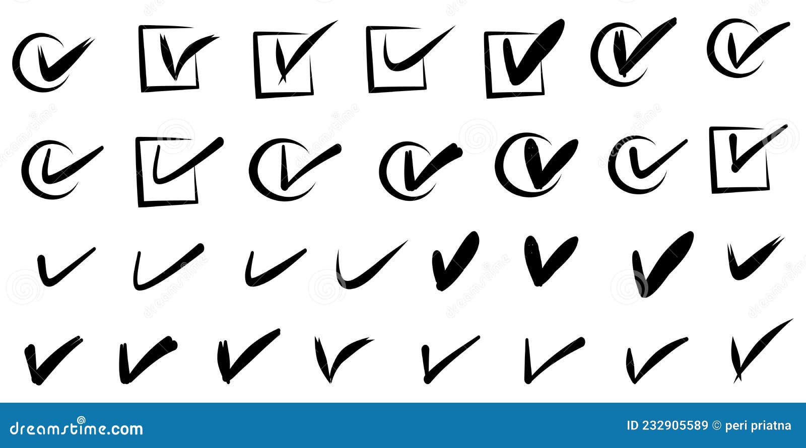 Set of Hand Drawn Check Marks. Isolated on White Background. Vector Tick and Cross Signs. Stock ...