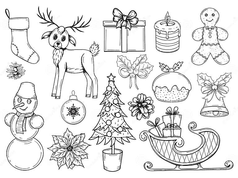 Set of Hand Drawn Christmas Elements. Traditional Winter Objects ...