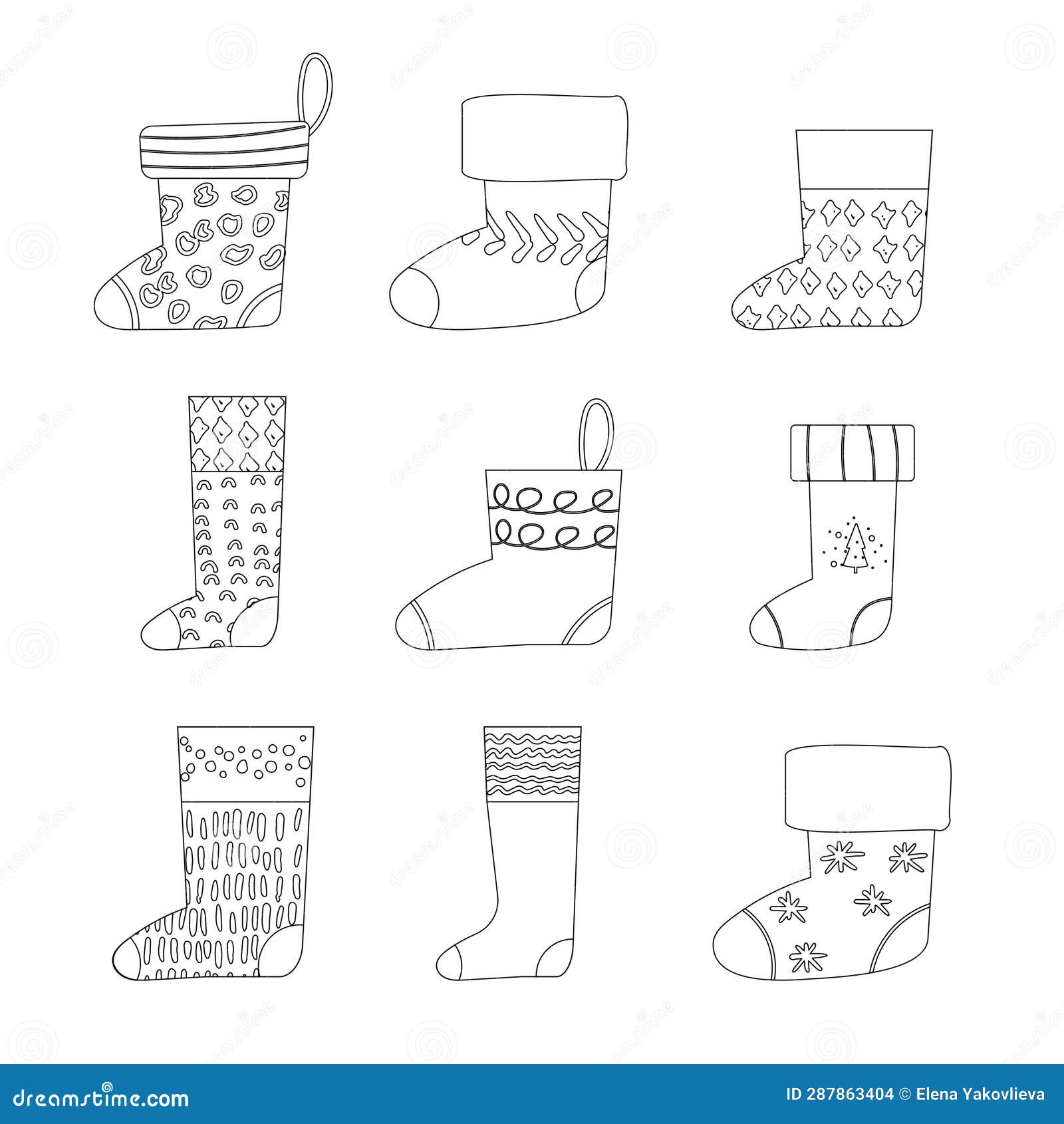 Set of Hand Drawn Christmas Outline Socks Stock Illustration ...
