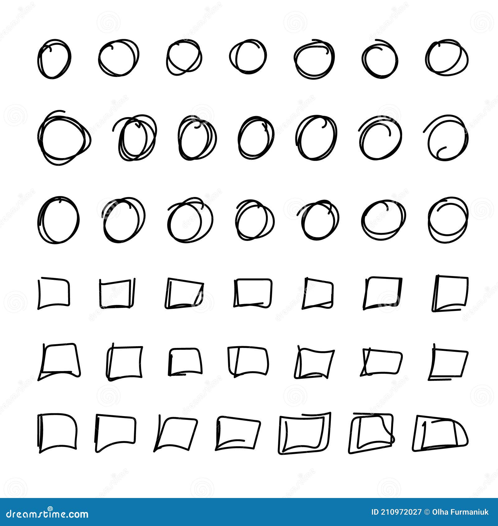 Set of Hand-drawn Circles and Squares.Collection of Sketchy Round and ...