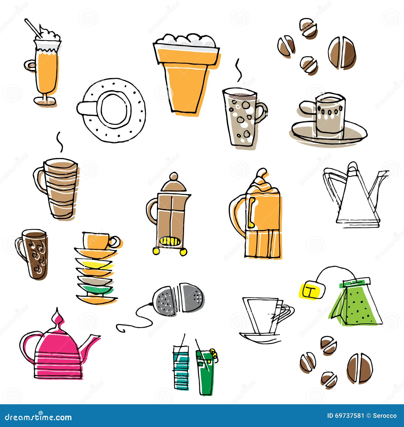 Set of Hand Drawn Coffee and Tea Sketches. Stock Vector - Illustration ...